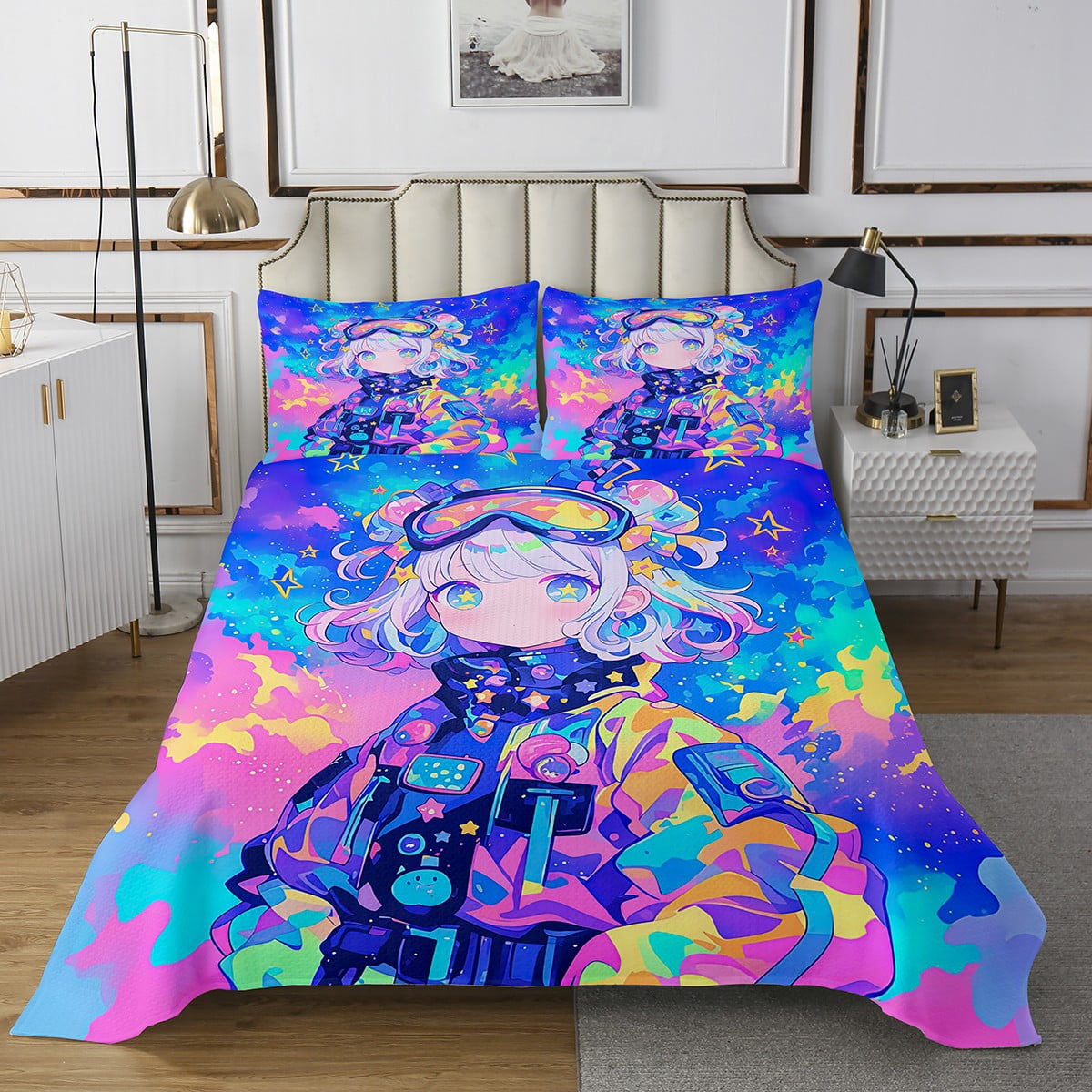 Kids Anime Girl Bedspread Set Colorful Cartoon Anime Coverlet Set, Pink ...