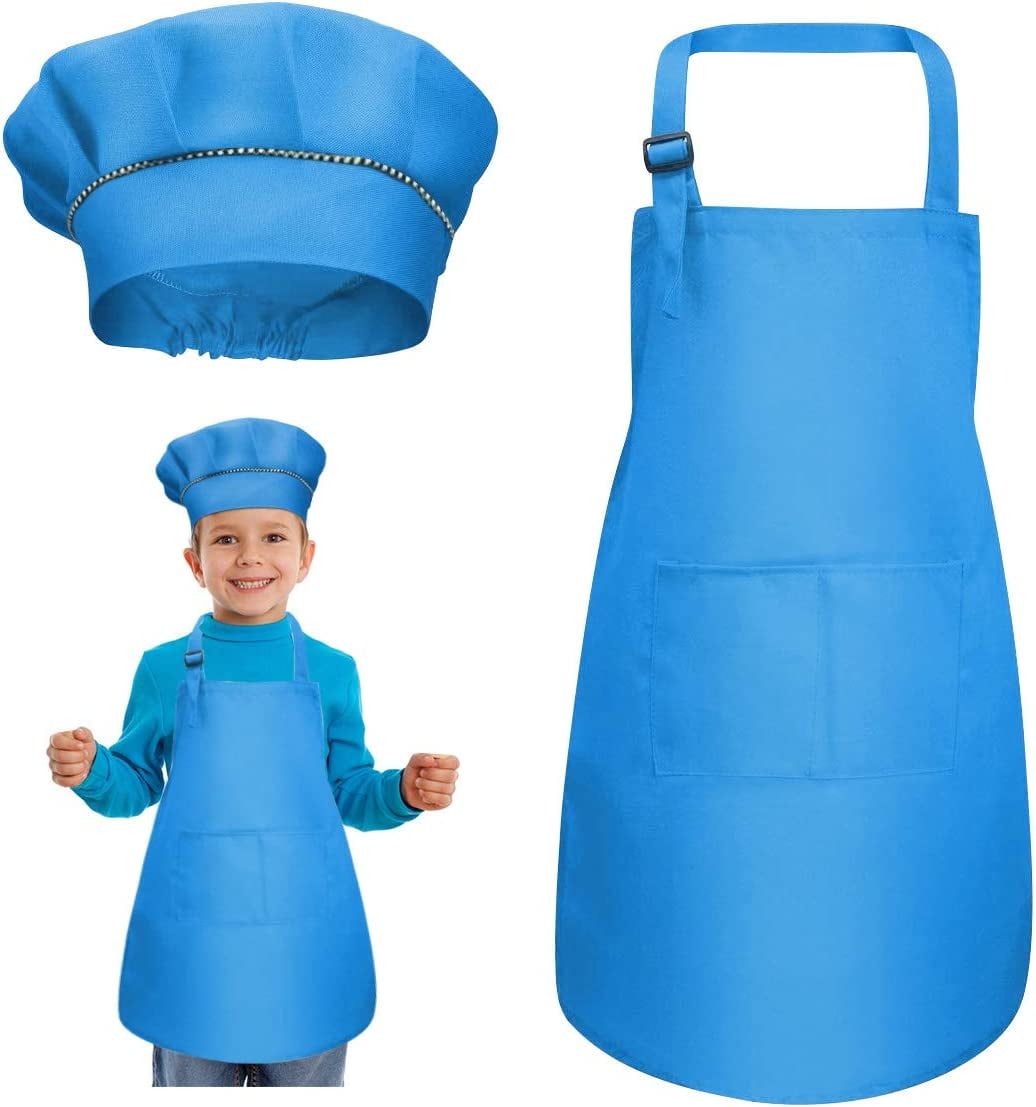 Kids Apron & Chef Hat Set, Adjustable Kitchen Apron with Pockets for ...
