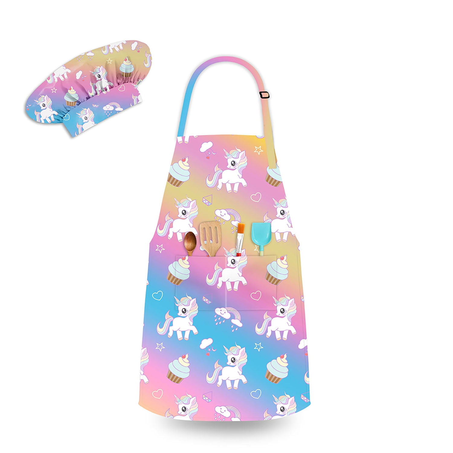 Kids Apron and Chef Hat for Cooking, 2 Pcs Kids Kitchen Apron Set with ...