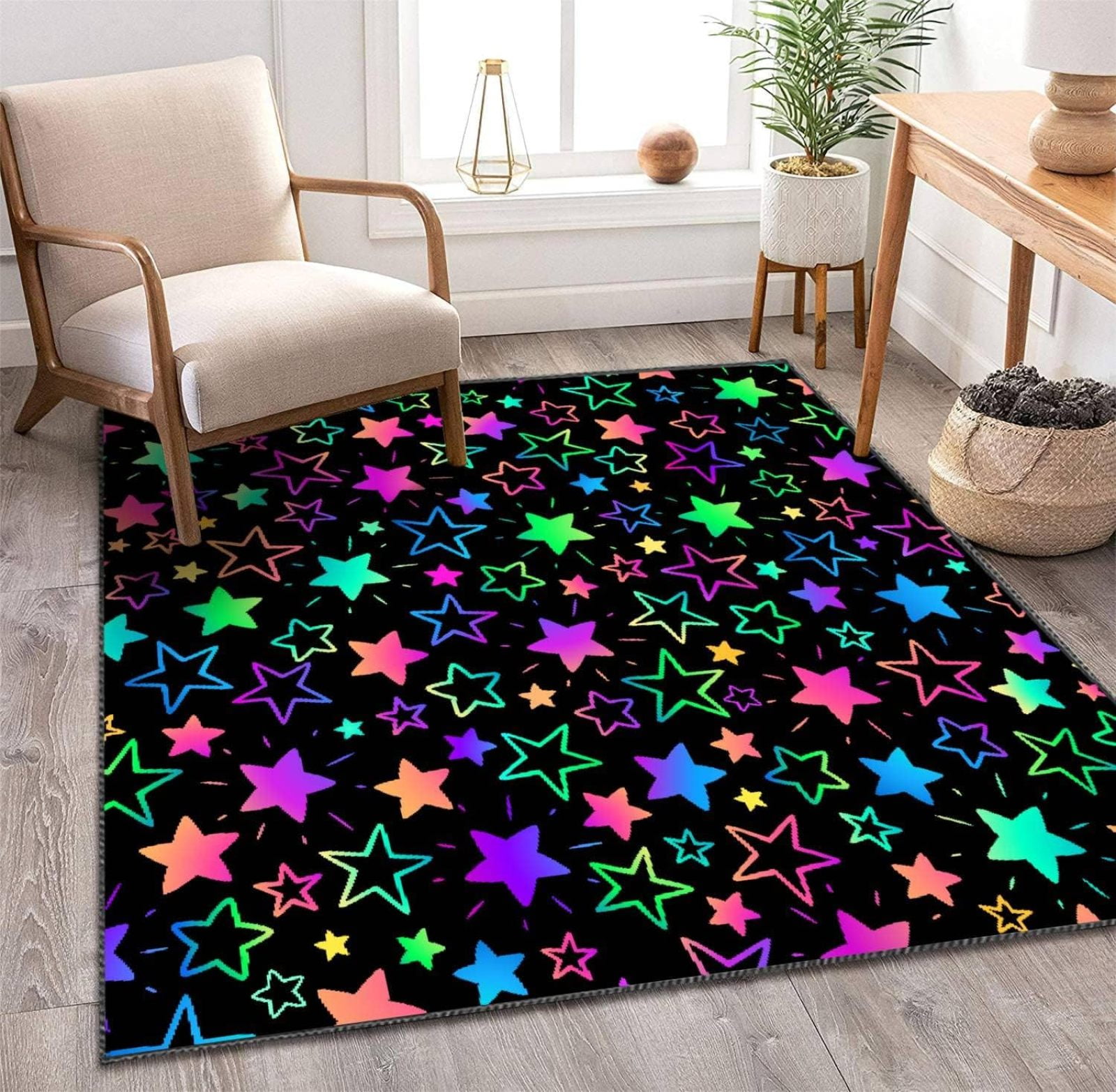 Kids Area Rugs Background With Bright Neon Stars 3D Rugs For Playroom ...