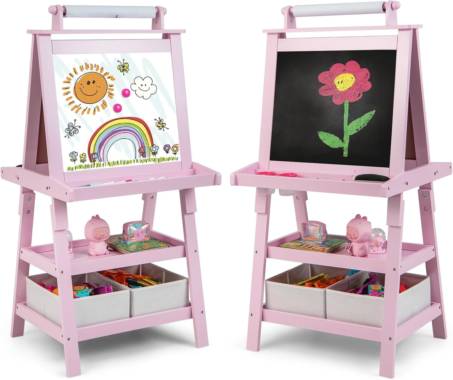Kids Art Easel, 3 in 1 Double-Sided Wooden Easel w/Magnetic Whiteboard ...
