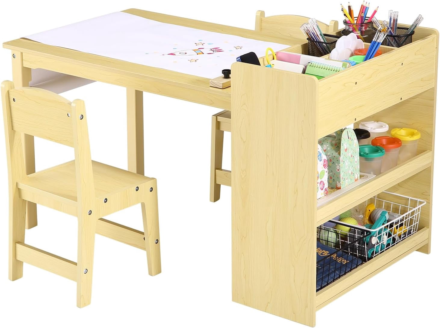 Kids Art Table with 2 Chairs, Toddler Craft Play Wood Activity Desk ...