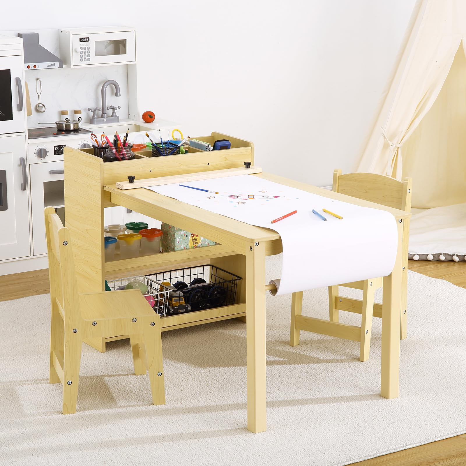 Kids Art Table with 2 Chairs, Toddler Craft Play, Wood Activity Desk ...