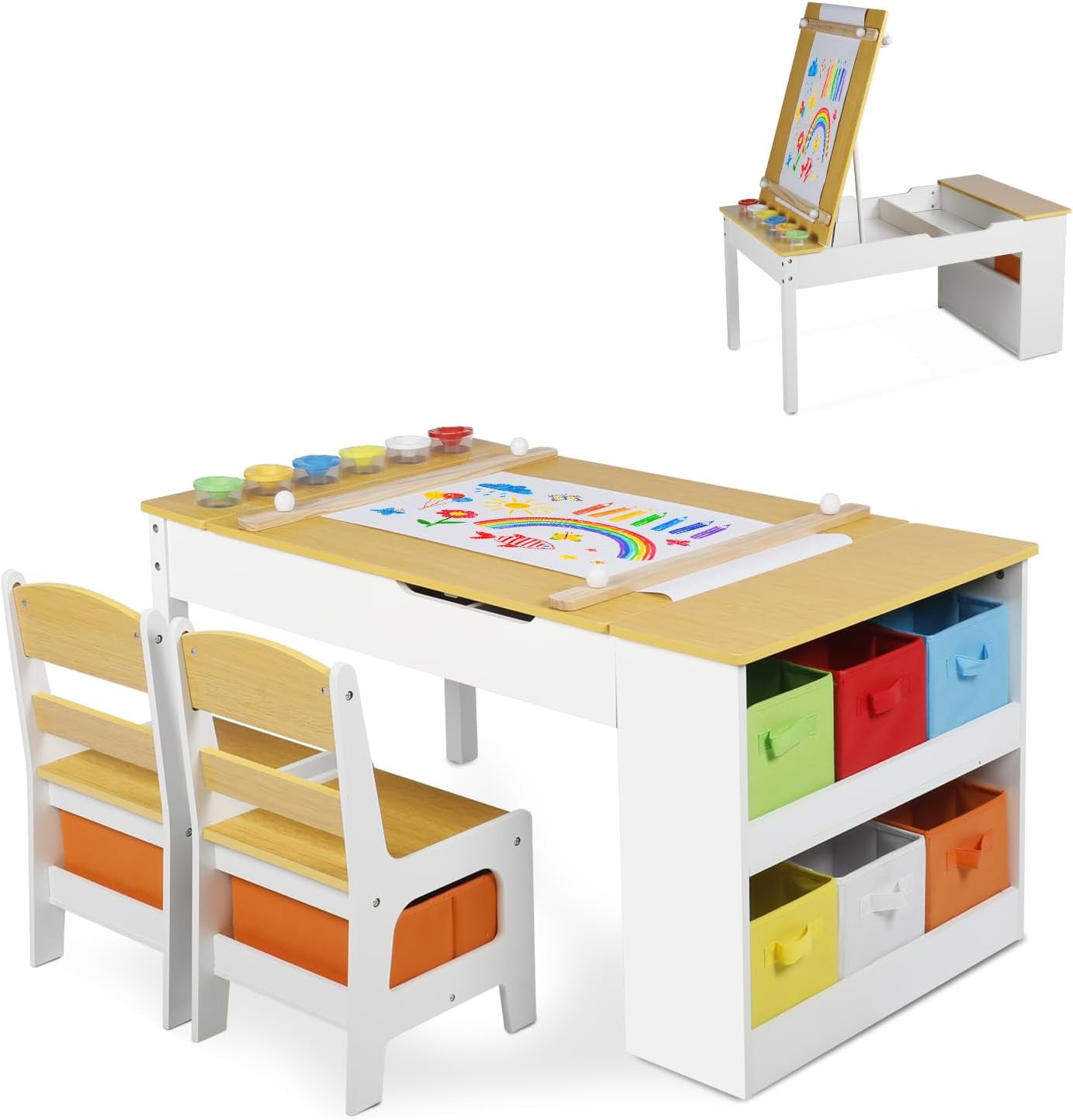 Kids Art Table & Easel Chair Set, 3 in 1 Wood Children Activity Table ...