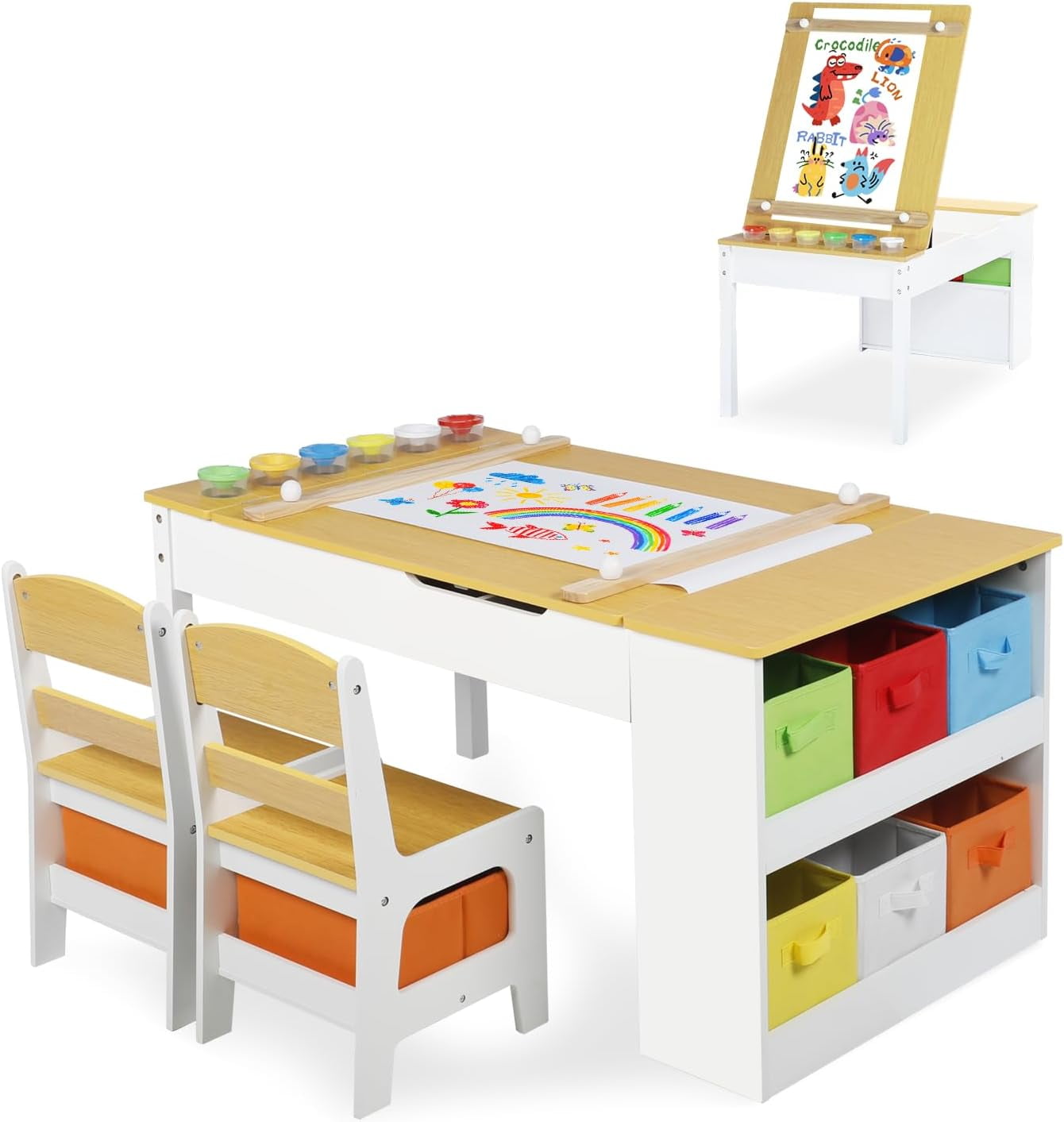 Kids Art Table & Easel Chair Set, 3 in 1 Wood Children Activity Table ...