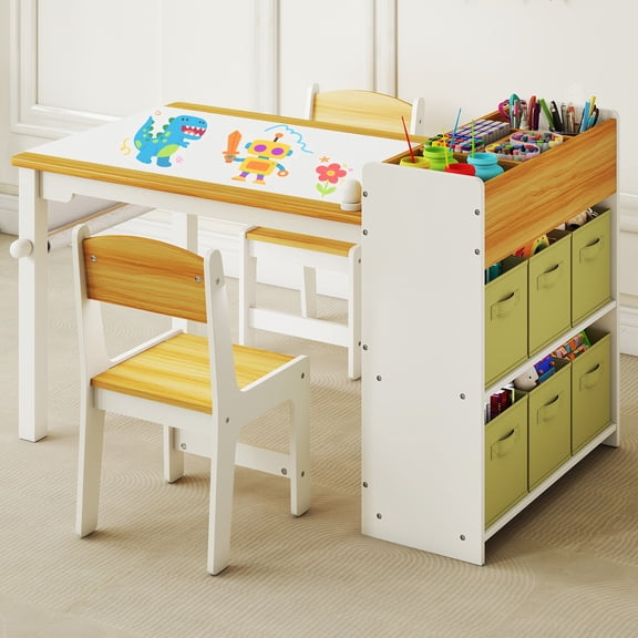 Pirecart Kids Art Table and 2 Chairs Toddler Craft Set Wooden Play ...