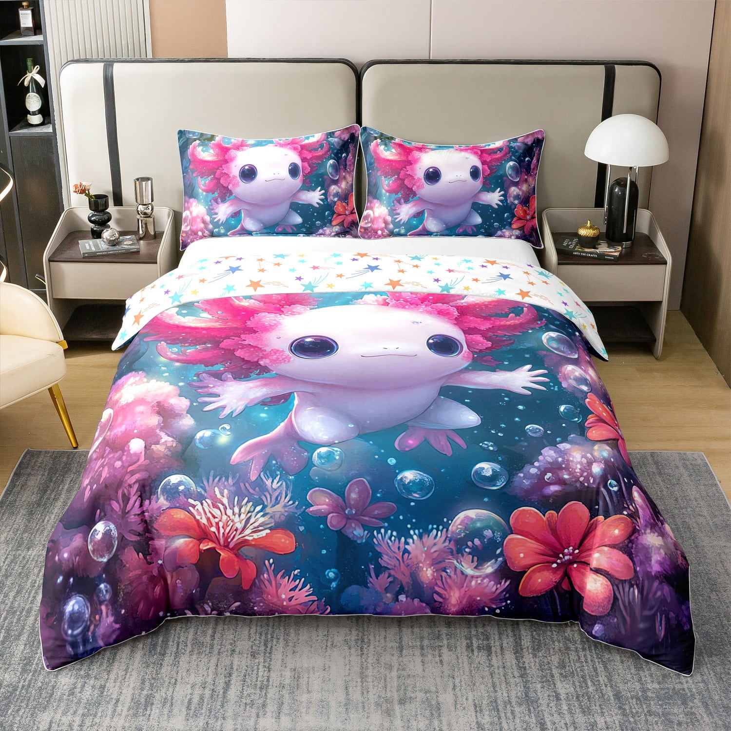Kids Axolotl 100% Cotton Duvet Cover King for Kids Teens Adults,Cartoon ...