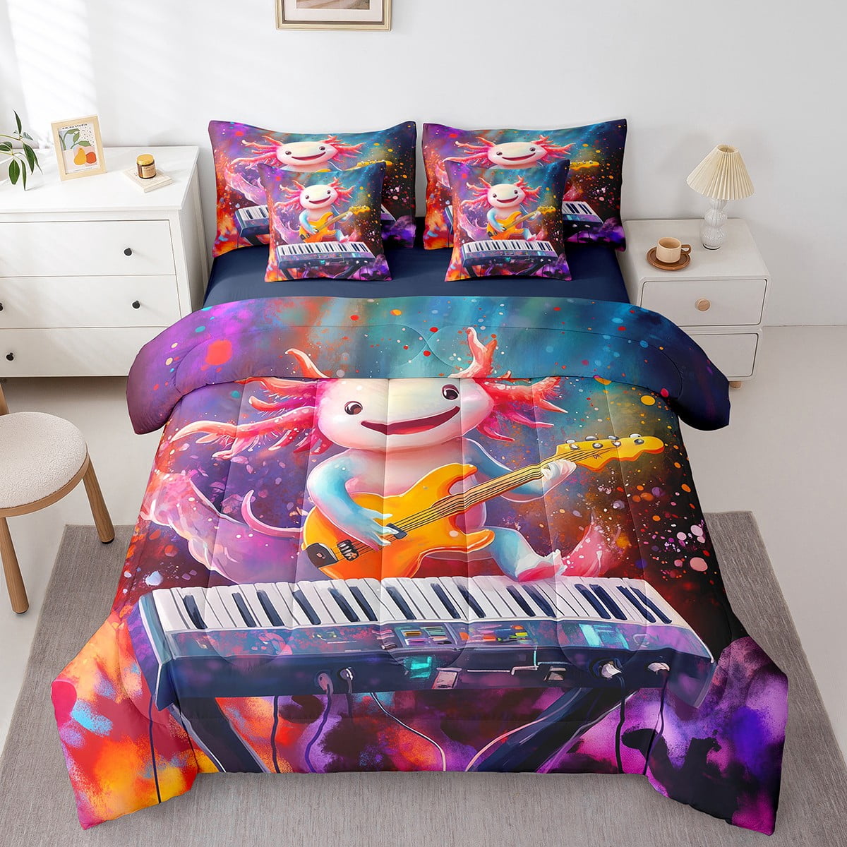 Axolotl Bed In A Bag 7 Pcs Twin Size,Music Theme Tie Dye Bedding Set ...
