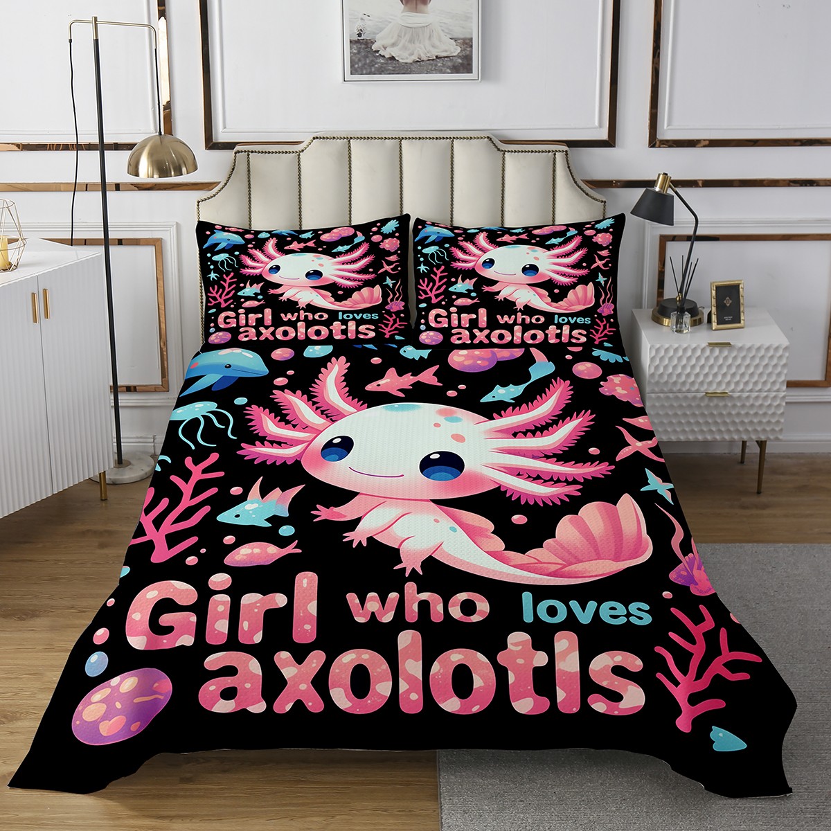 Axolotl Bedspread Set Ocean Animal Twin Coverlet Set,Pink Kawaii ...