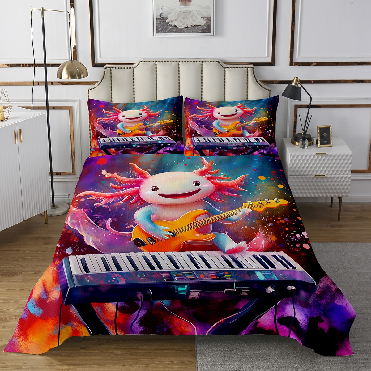Kids Axolotl Quilt Set King Size,Music Theme Tie Dye Coverlet Set ...