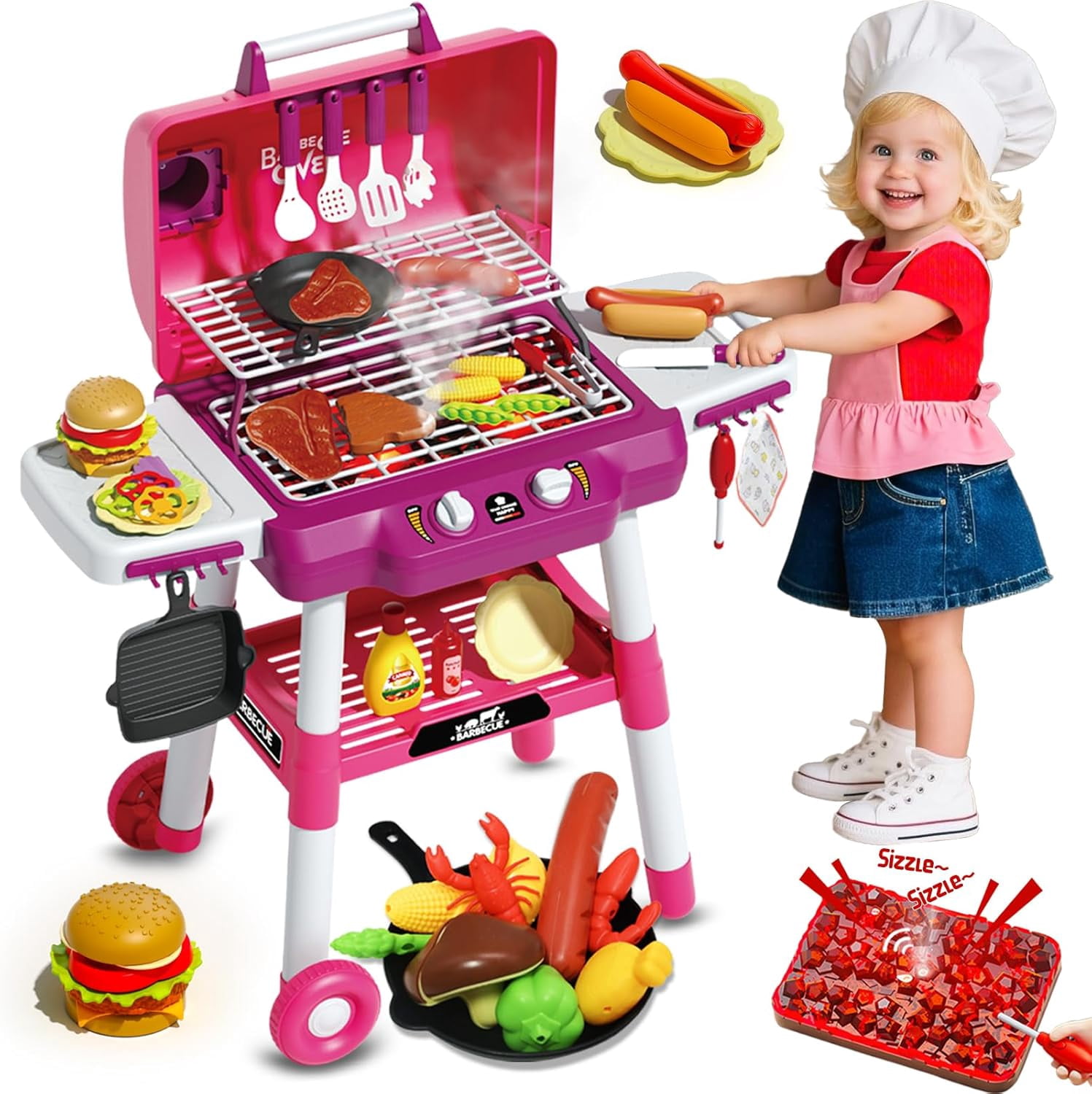 Kids BBQ Grill Playset, Kitchen Playset with Smoke Sound Light and ...