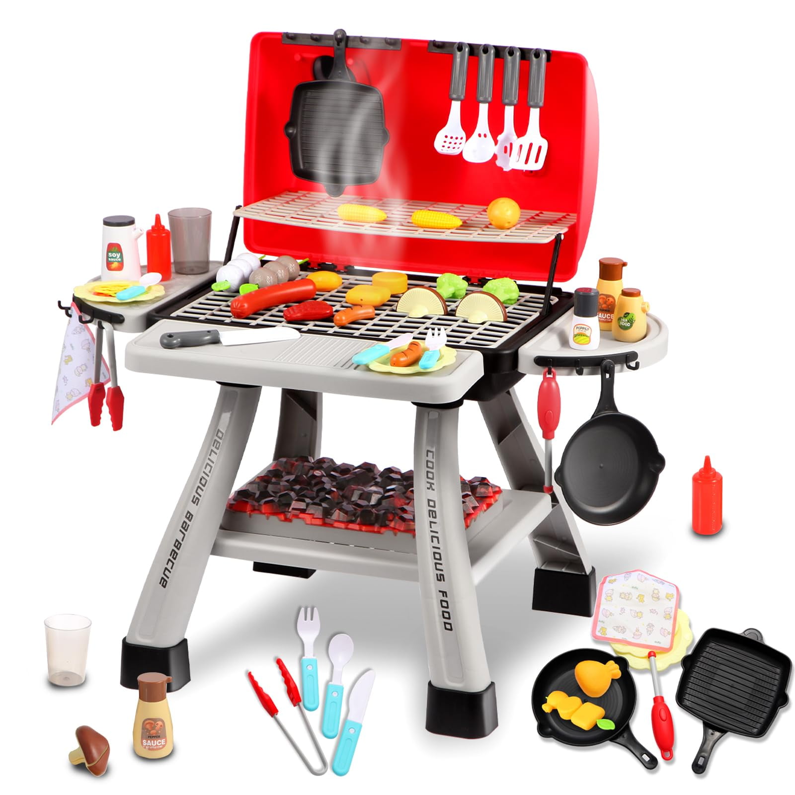 Kids BBQ Grill Playset with Simulated Smoke & Sound & Play Kitchen Set ...