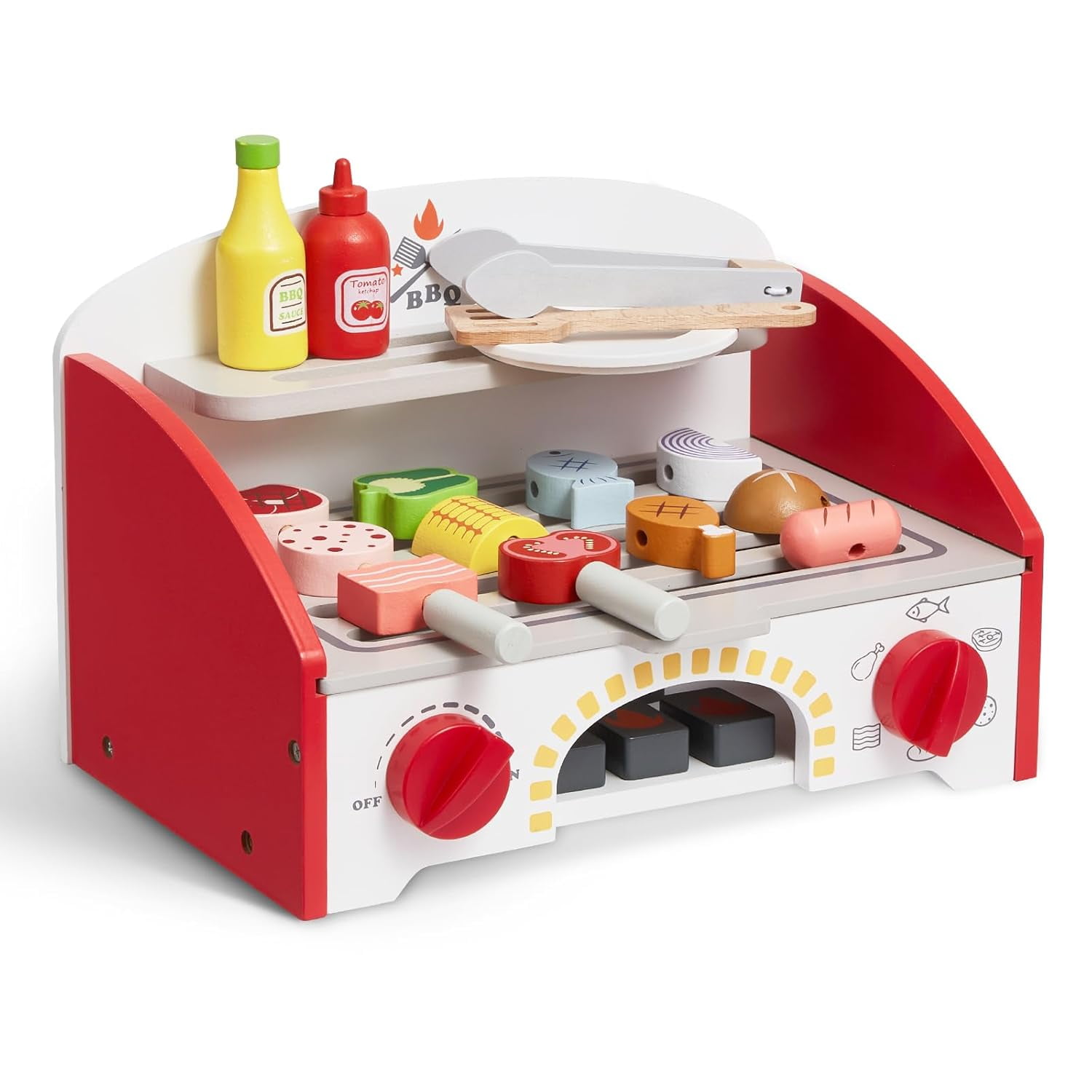 Kids BBQ Grill Toy, Wooden Barbecue Kitchen with Realistic Carbon Fire ...