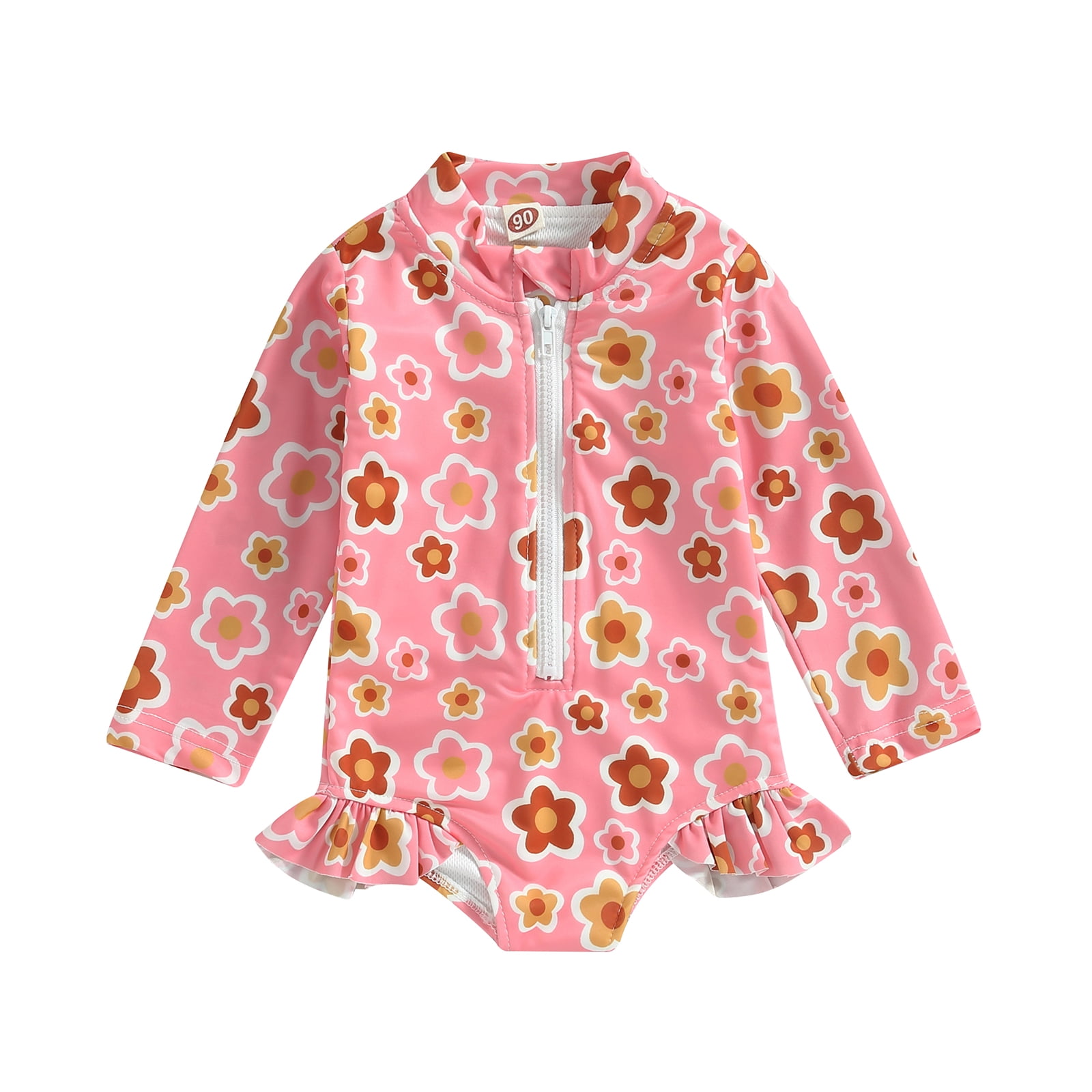 Kids Baby Girl Swimsuits 1-5T Summer Floral Long Sleeve Zipper Ruffles ...