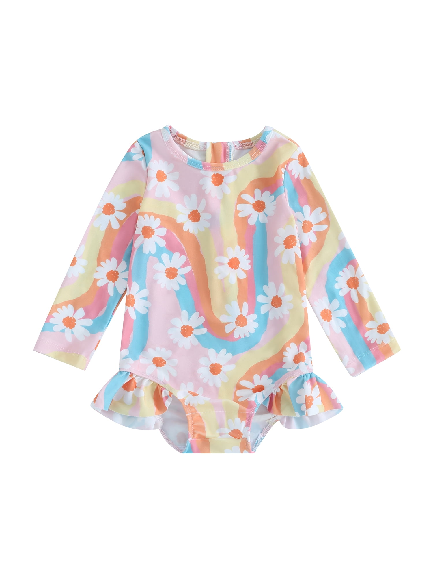 Kids Baby Girls Rash Guard Swimsuit Rompers Long Sleeve Daisy Print Ruffles Bathing Suit Beach ...