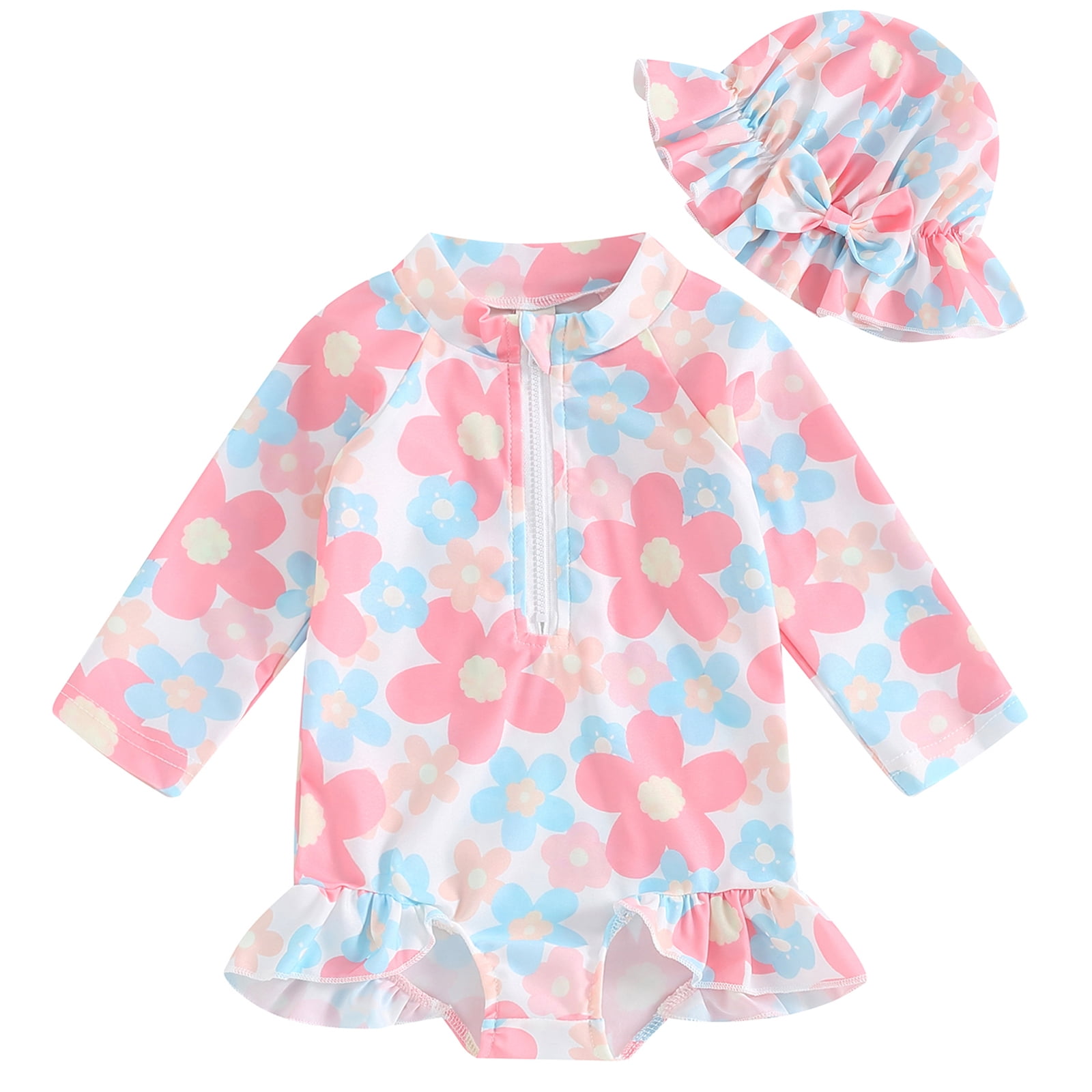 Kids Baby Girls Swimsuit Zip Up Long Sleeve Rash Guard Floral Swimwear ...
