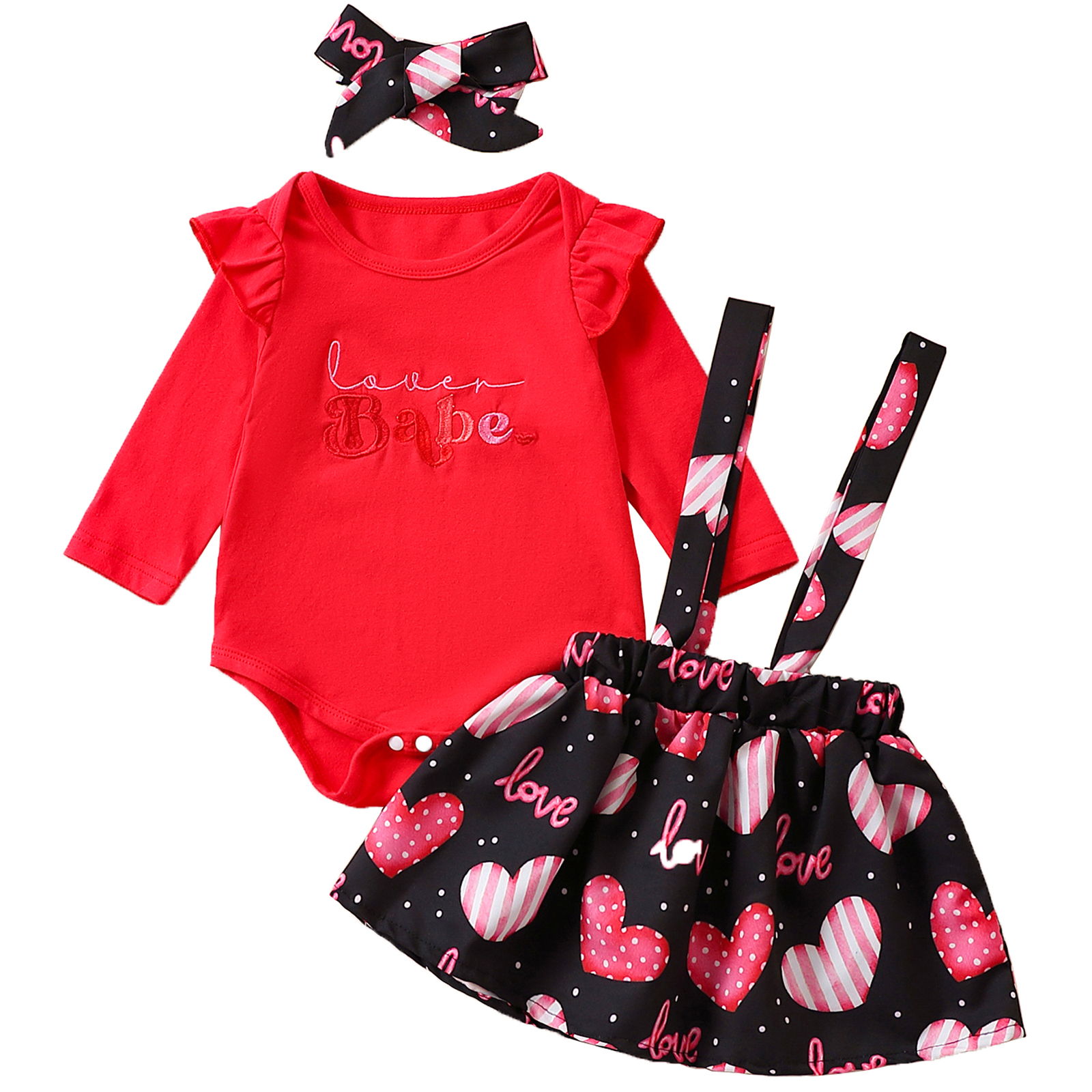 Kids Baby Girls Valentine's Day Outfits Set Love Romper Tops Heart Print Suspender Skirt ...