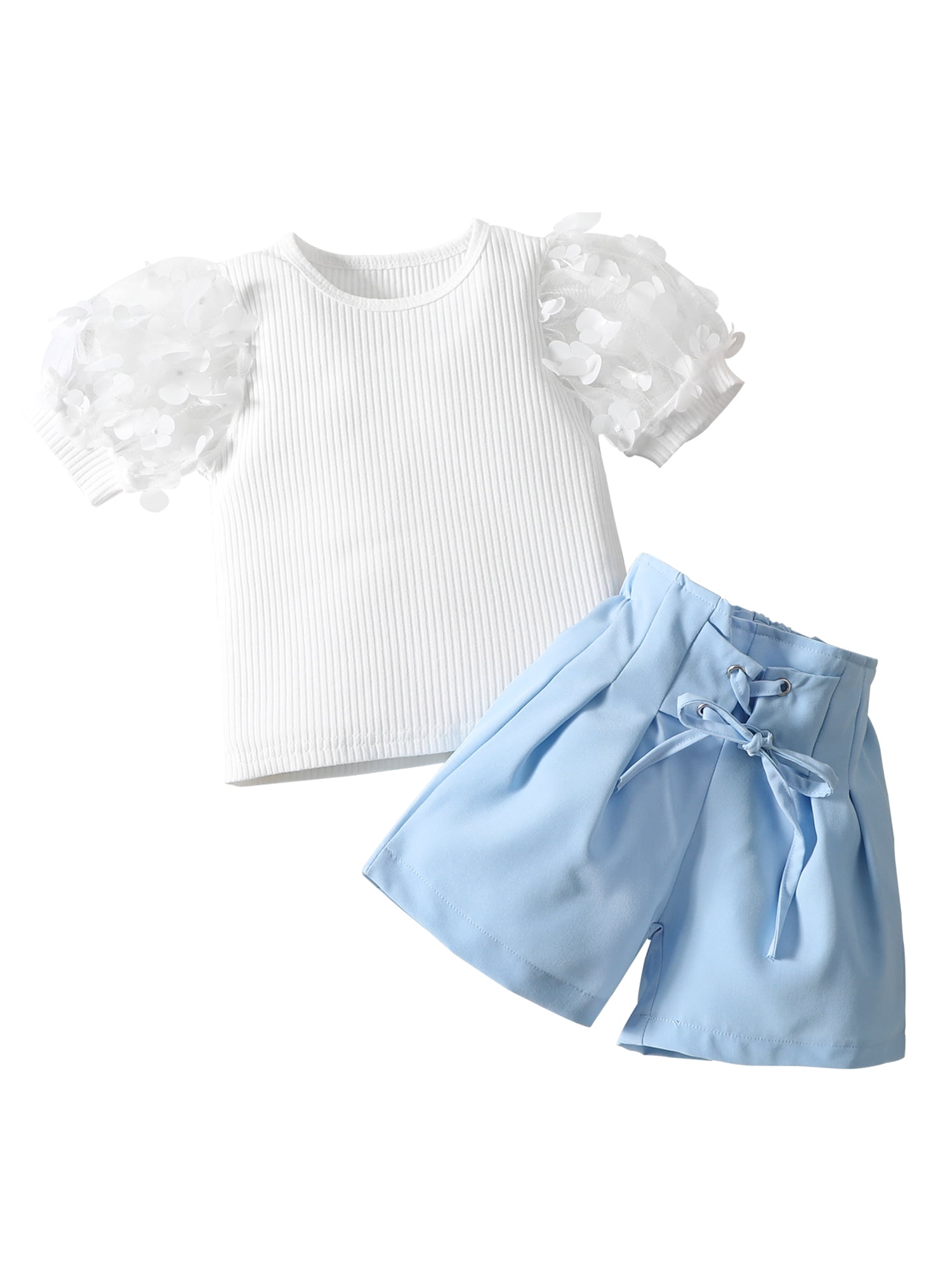 Kids Baby Little Girl Summer Set Round Neck Short Sleeve 3D Petal ...