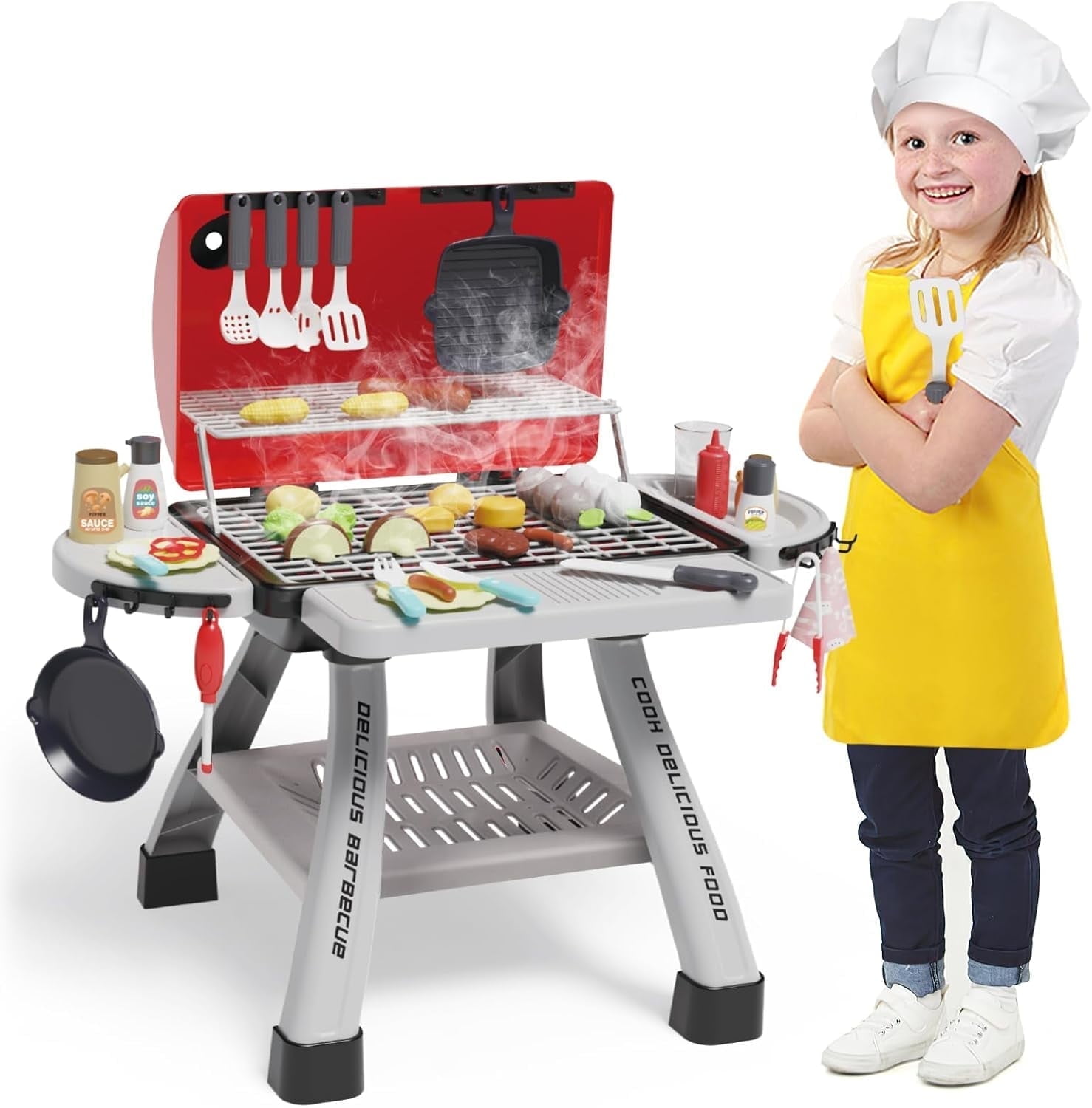 Kids Barbecue Grill Playset, BBQ Kitchen Toys with Smoke, Sounds ...