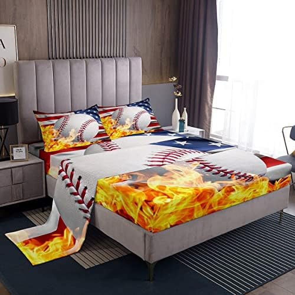 Kids Baseball Bedding Set Boys Girls Softball Sports Game Bed Sheet Set ...