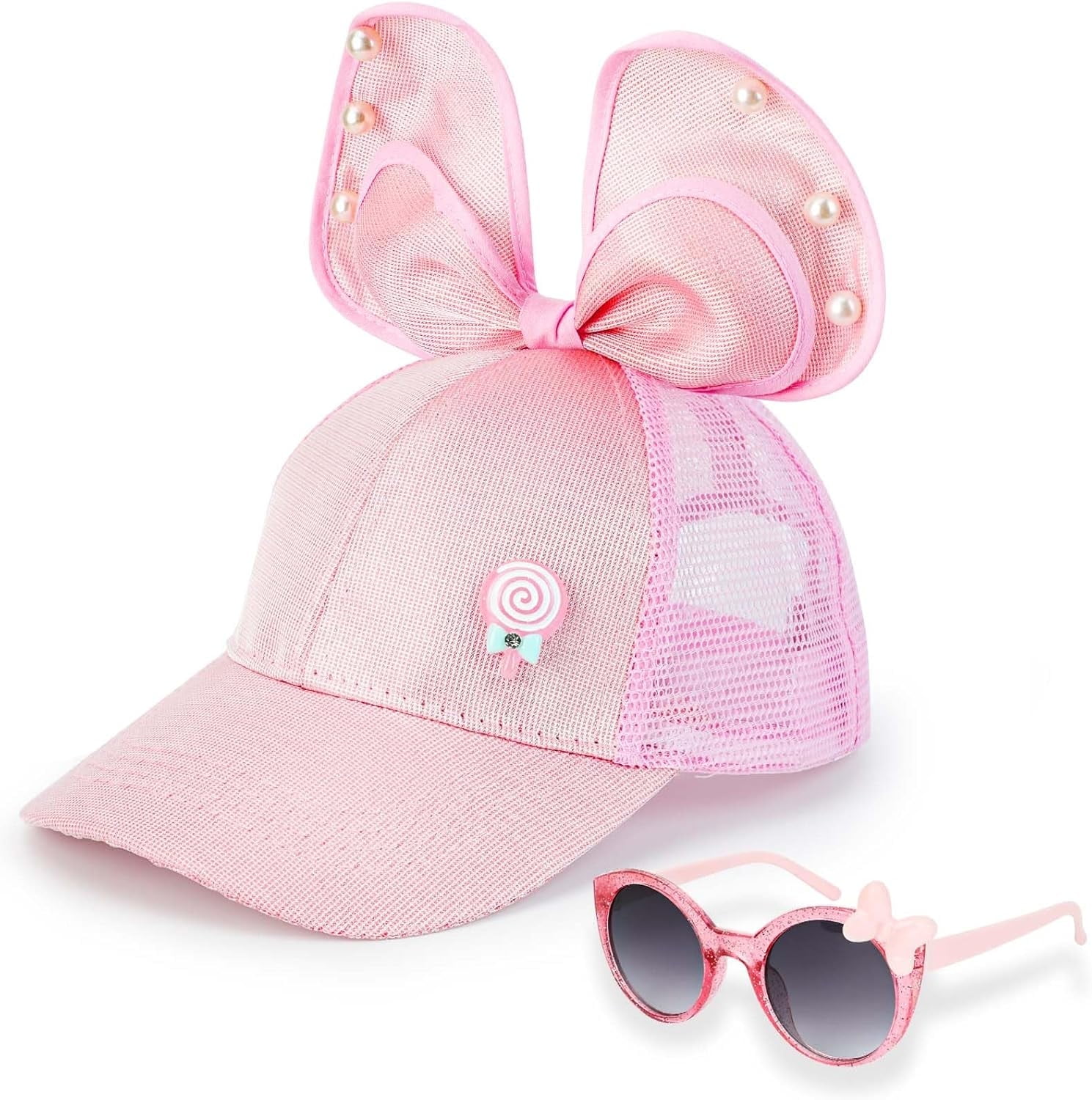 Kids Baseball Cap Sunglasses for Girls, Sequins Mouse Ear Trucker Hat ...