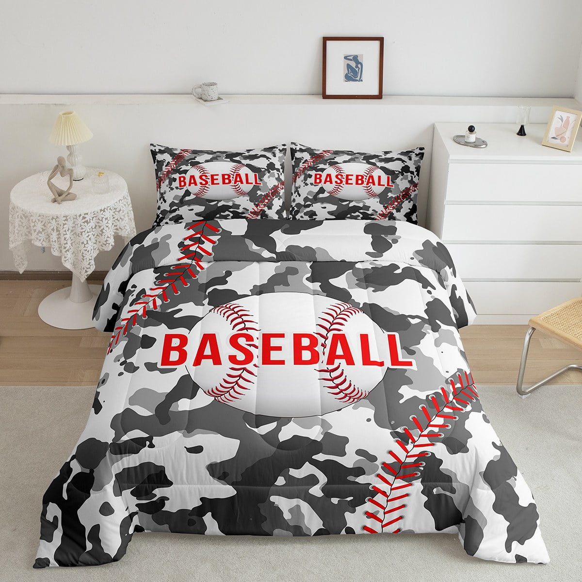 Kids Baseball Comforter Set Full Grey White Camo Bedding Set, Boys ...