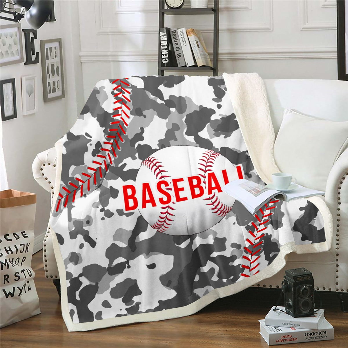 Baseball Fleece Blanket Grey White Camo Sherpa Blanket, Sports Blanket Geometric Camouflage ...