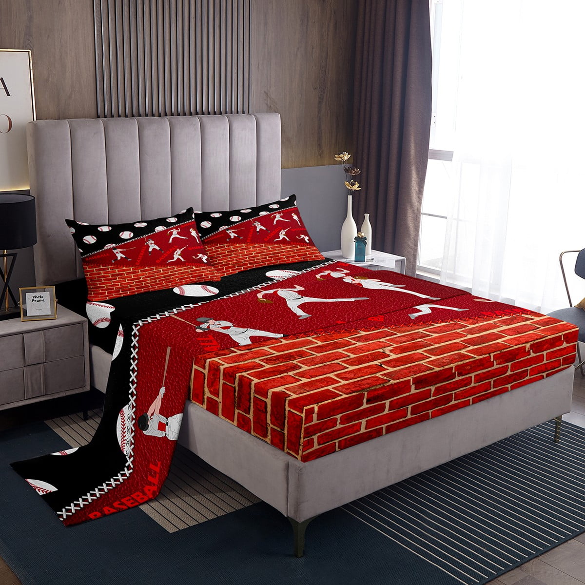 Baseball Sheet Set King Sports Competition Bed Sheets Set, Red Retro ...