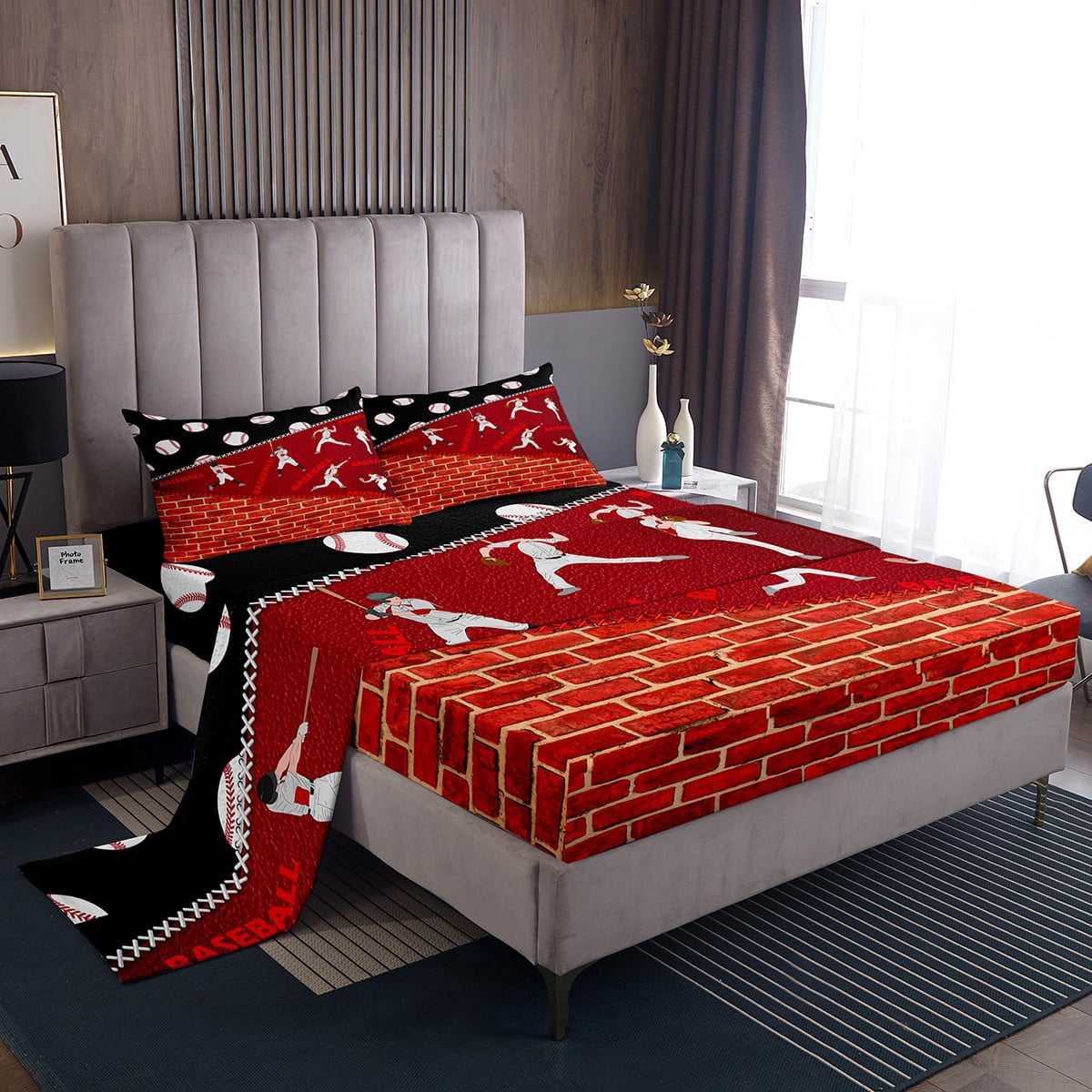 Baseball Sheet Set Twin Sports Competition Bed Sheets Set, Red Retro ...