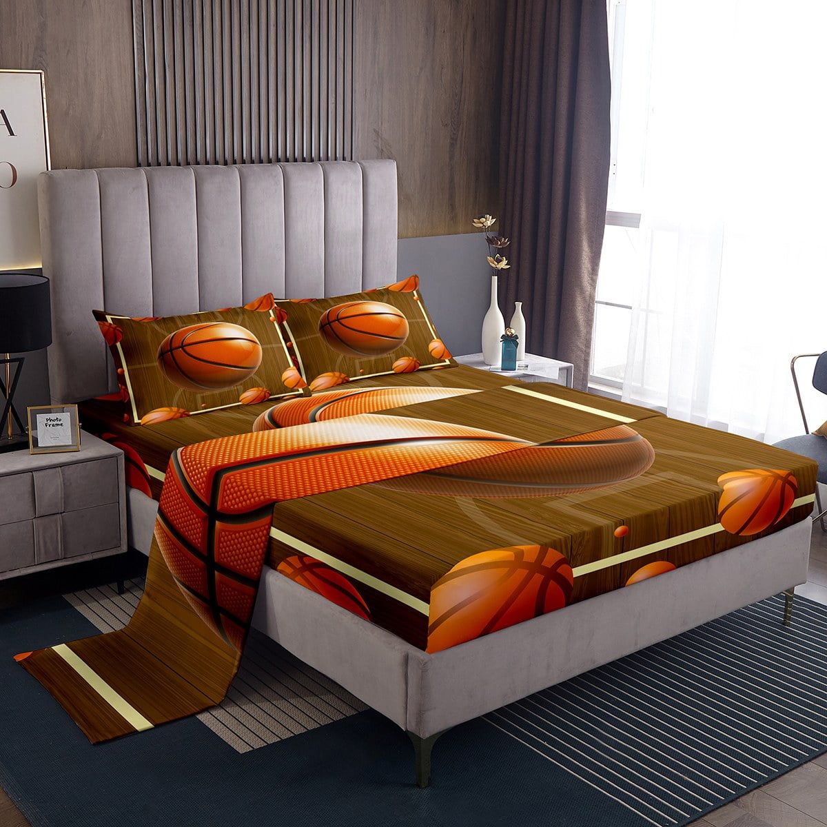 Basketball Bed Sheets Set Sports Sheet Set King Size,Orange Basketball Print Sheets for Teens ...