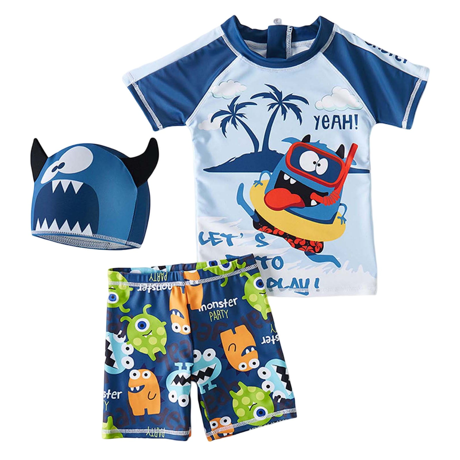 Kids Bathing Suits Boys 3 Piece UPF 50+ Short Sleeve Cartoon Swim Shirt ...