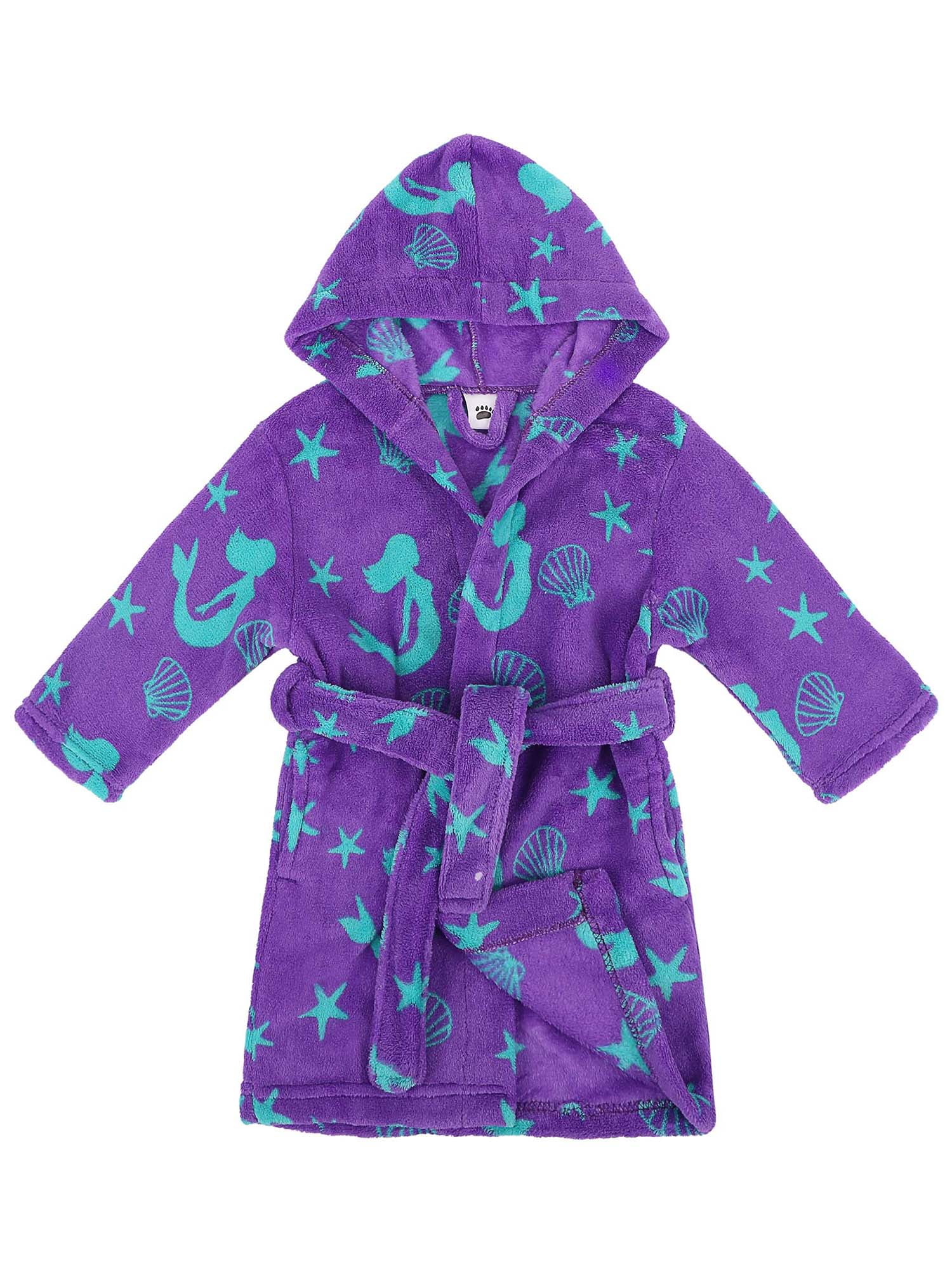 Kids Bathrobe Plush Soft Fleece Hooded Mermaid Printed Robe,Purple,L ...