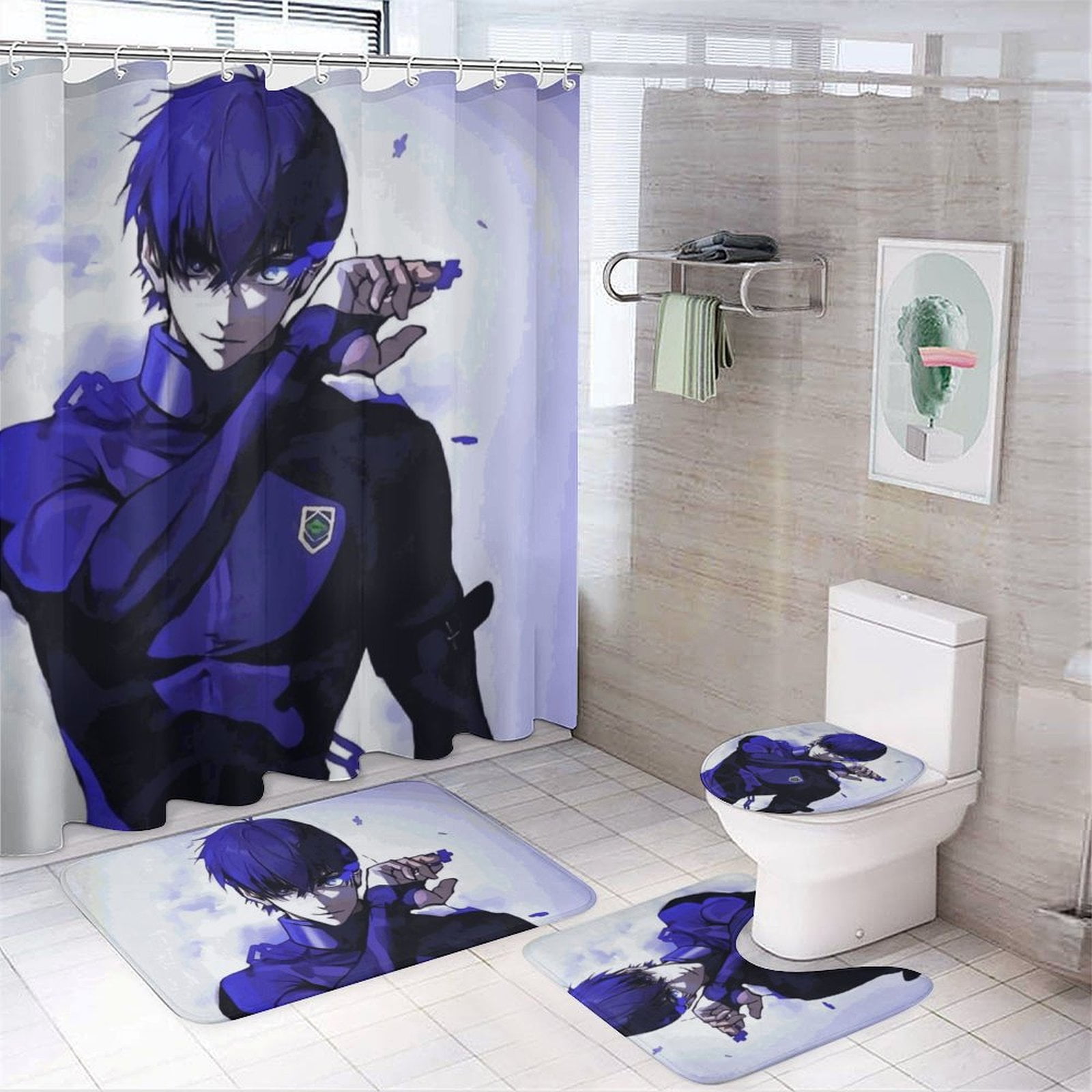 Kids Bathroom Blue Prison 4-Piece Set (Shower Curtain, U-Shaped Mat ...