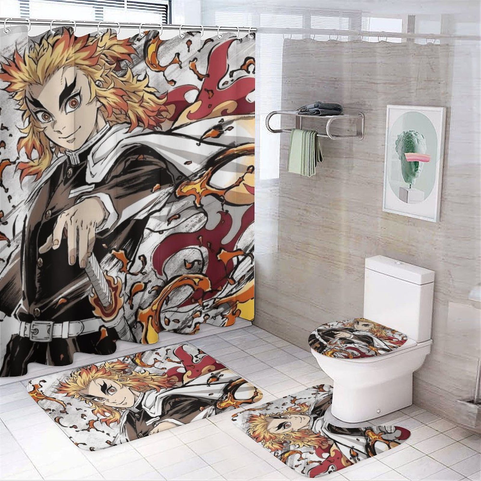 Kids Bathroom Demon Slayer 4-Piece Set (Shower Curtain, U-Shaped Mat ...
