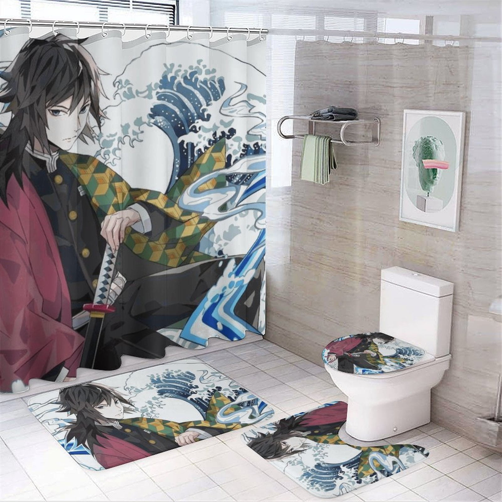 Kids Bathroom Demon Slayer 4-Piece Set (Shower Curtain, U-Shaped Mat ...