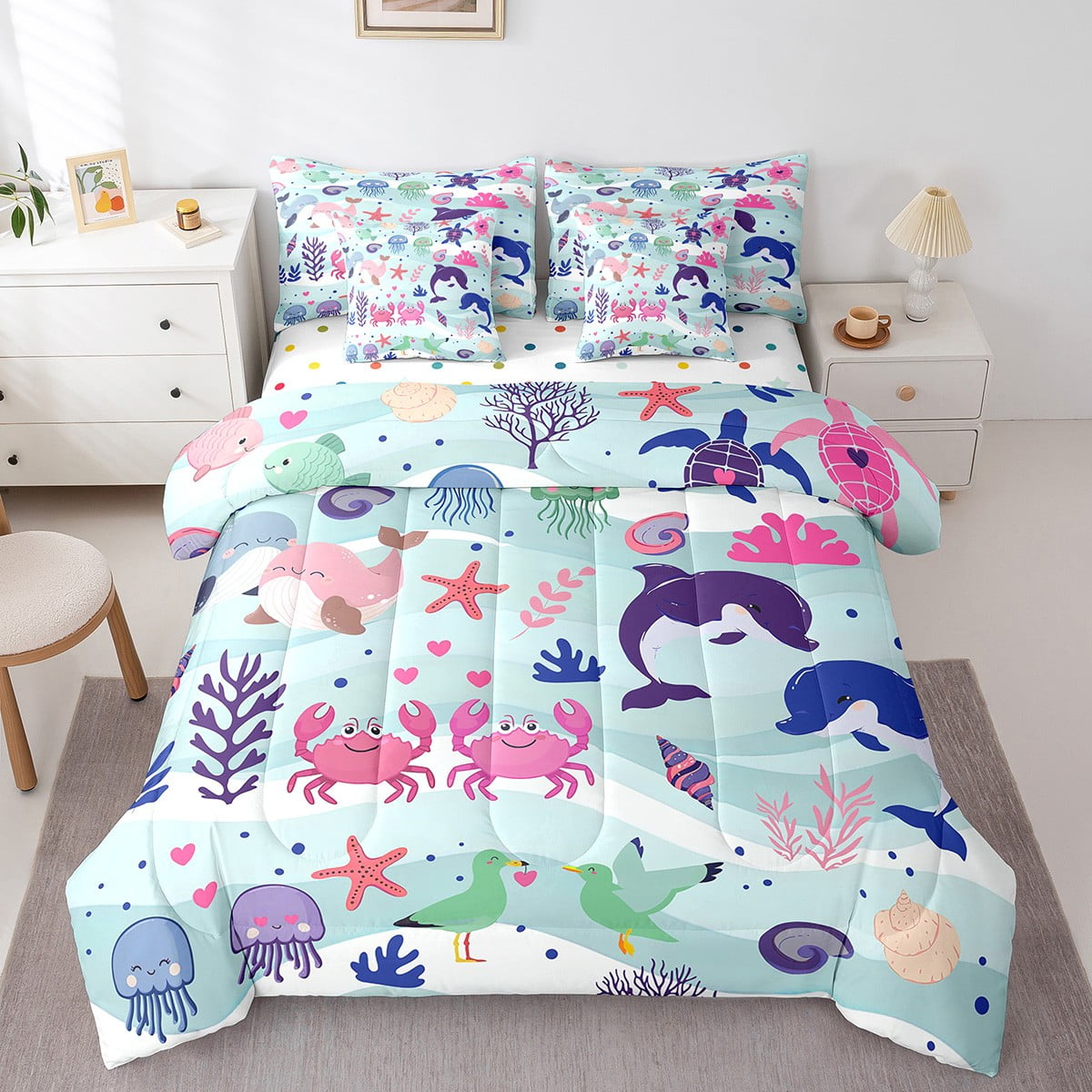 Beach Bed in a Bag Twin Comforter Set 7 Piece,Ocean Marine Life Quilt,Turtle Dolphin Crab ...