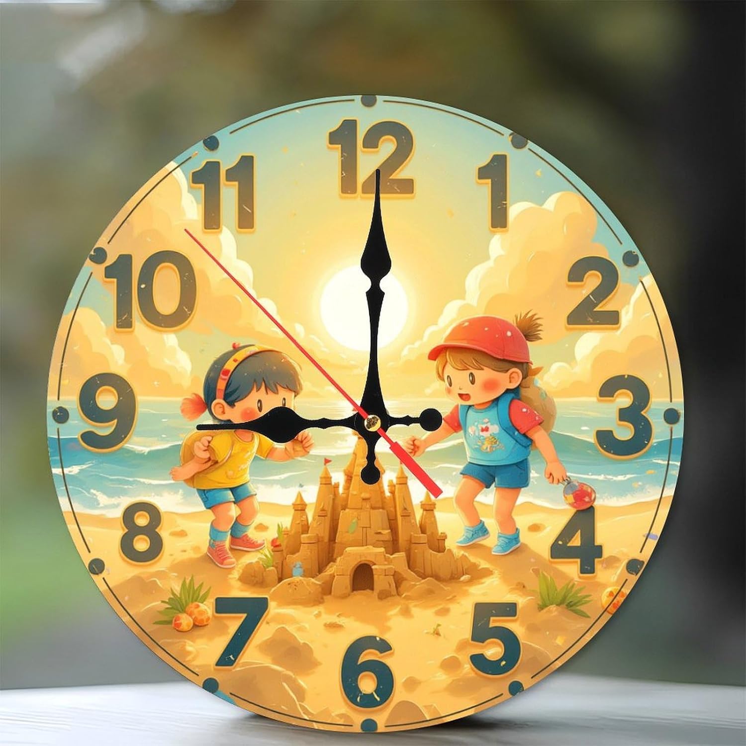 Kids Beach Summer Sunset Sandcastle Clock Wall Decor 10-Inch Wooden ...
