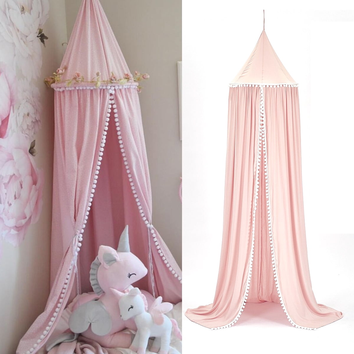 Kids Bed Canopy with PomPom Cotton Canopy for Crib Baby Girl Netting ...