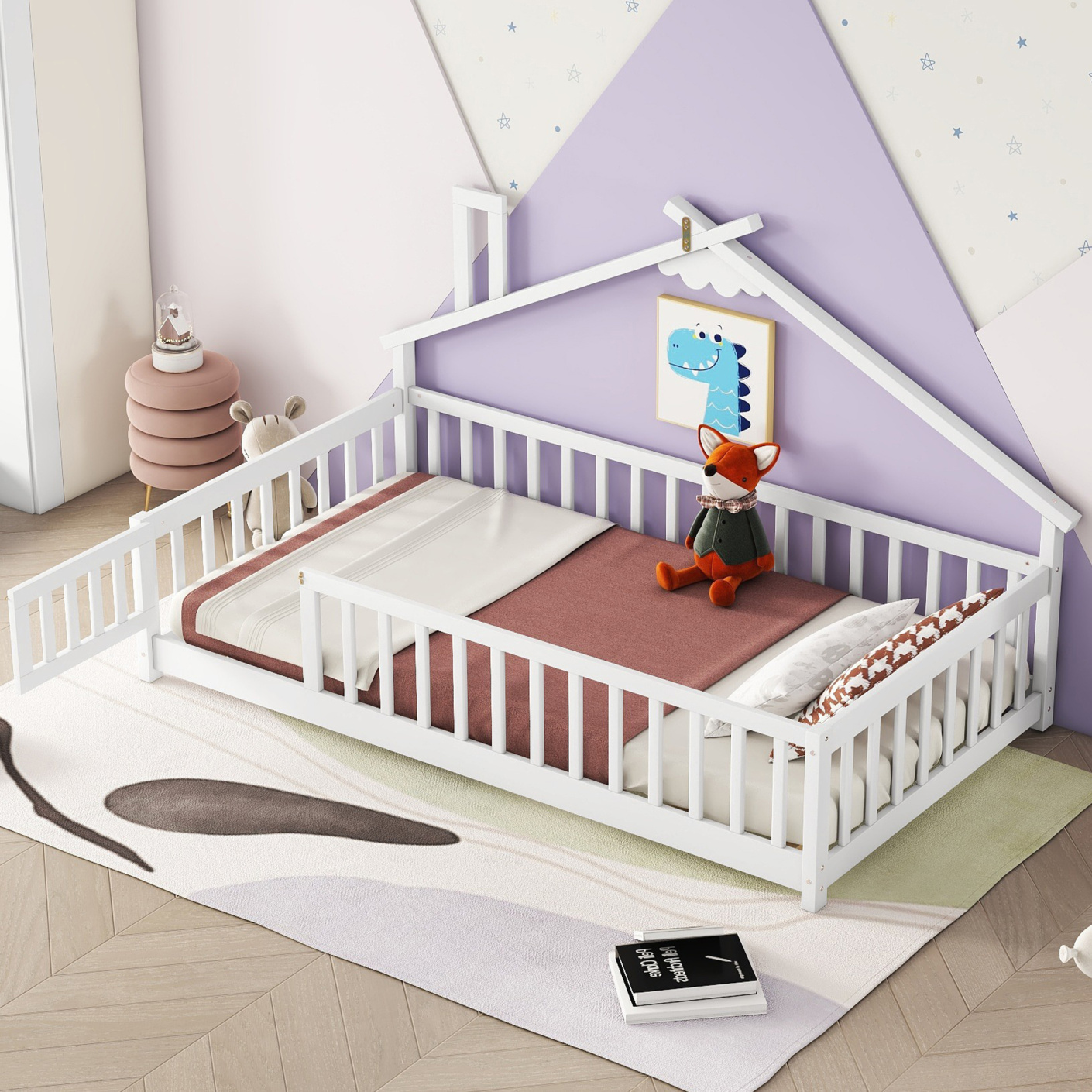 Kids Bed Frame Twin Size, Toddler Bed with Fence and Slats, House ...