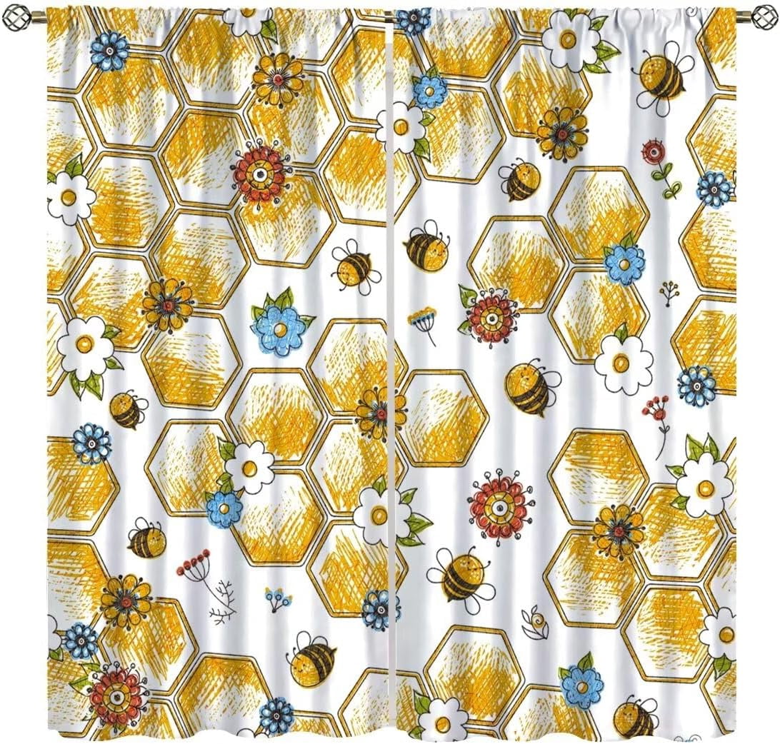 Kids Bee Curtains,Cartoon Flower Animal Cute Honey Bee Honeycomb Window ...
