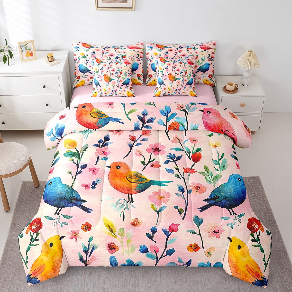 Bird 7 Piece Comforter Set Queen Size Spring Floral Bed in a Bag Women ...