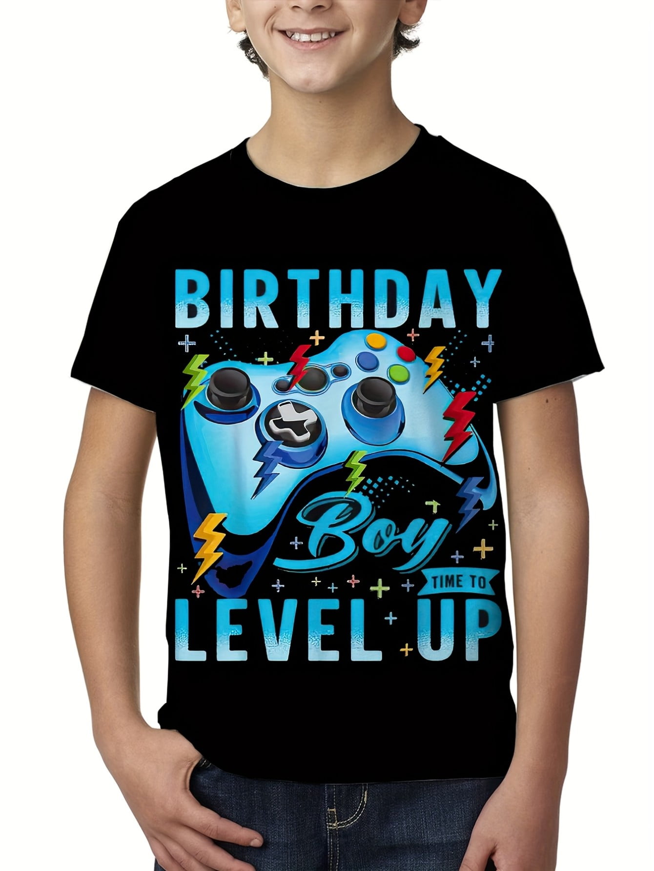 Kids' Birthday Boy Level Up Graphic Tee, 100% Cotton Knit Fabric, Crew ...