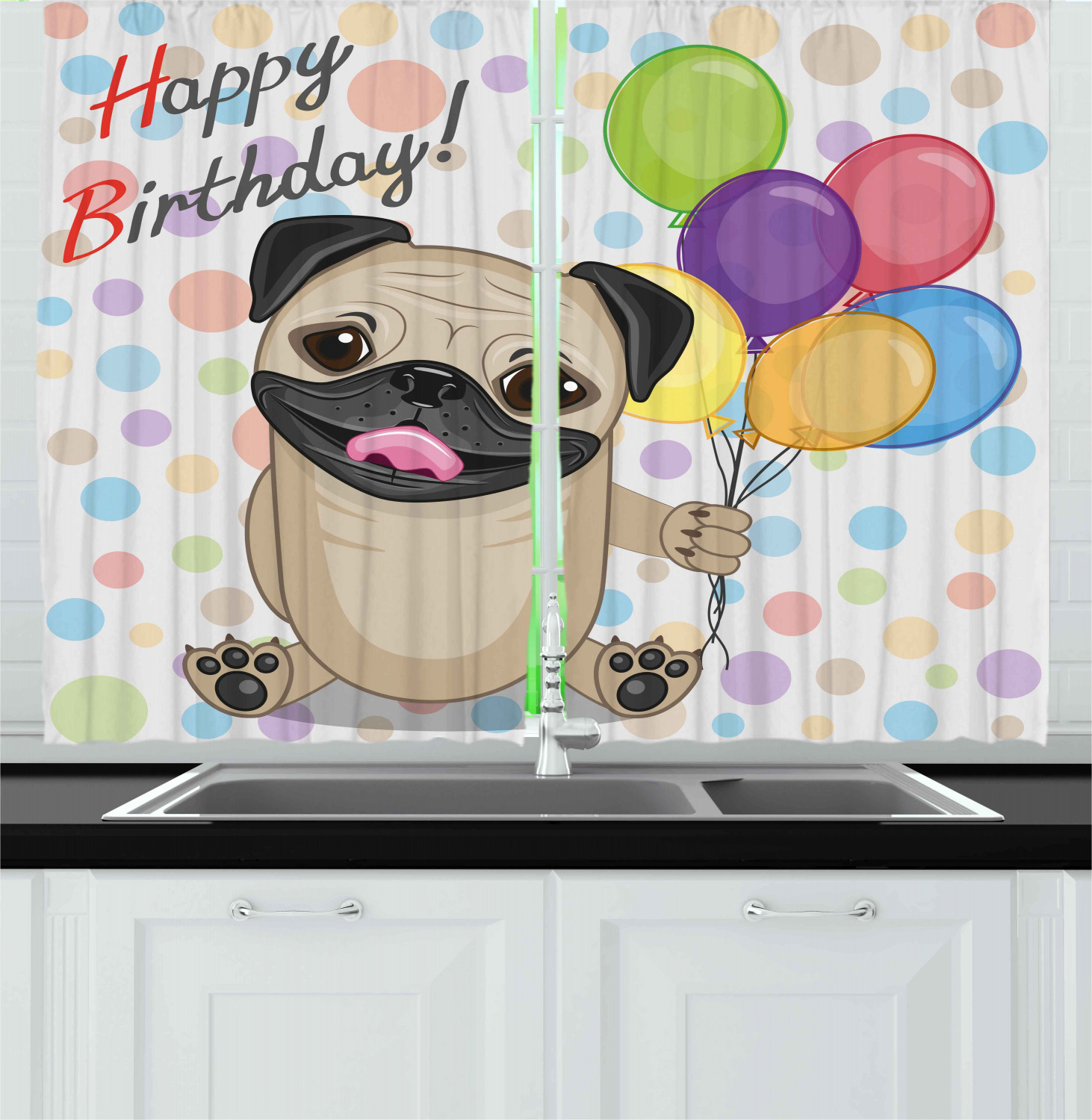 Kids Birthday Curtains 2 Panels Set, Animal Cute Dog Smiling Pug with ...