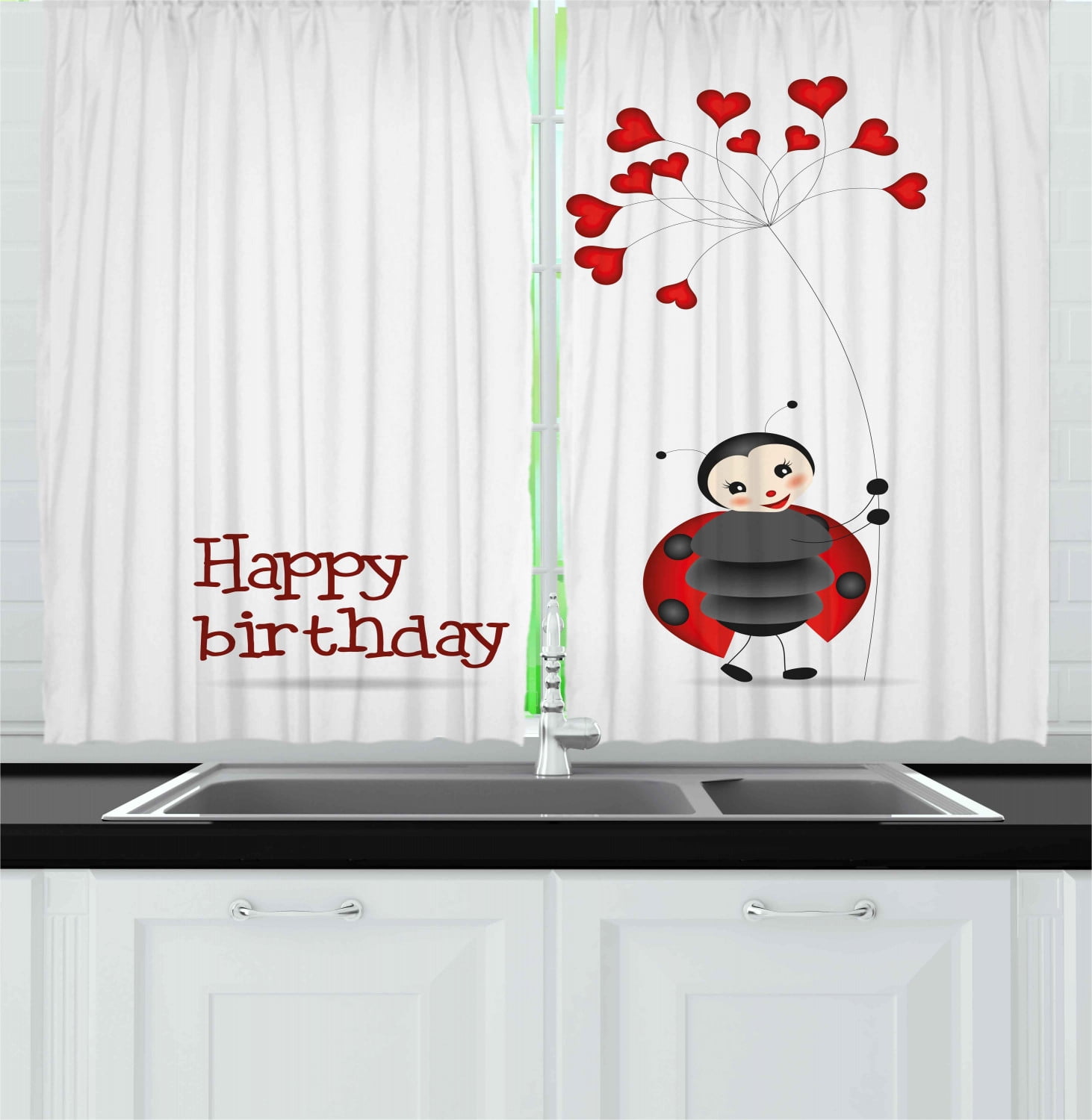 Kids Birthday Curtains 2 Panels Set, Ladybug Wings Flower Inspired ...