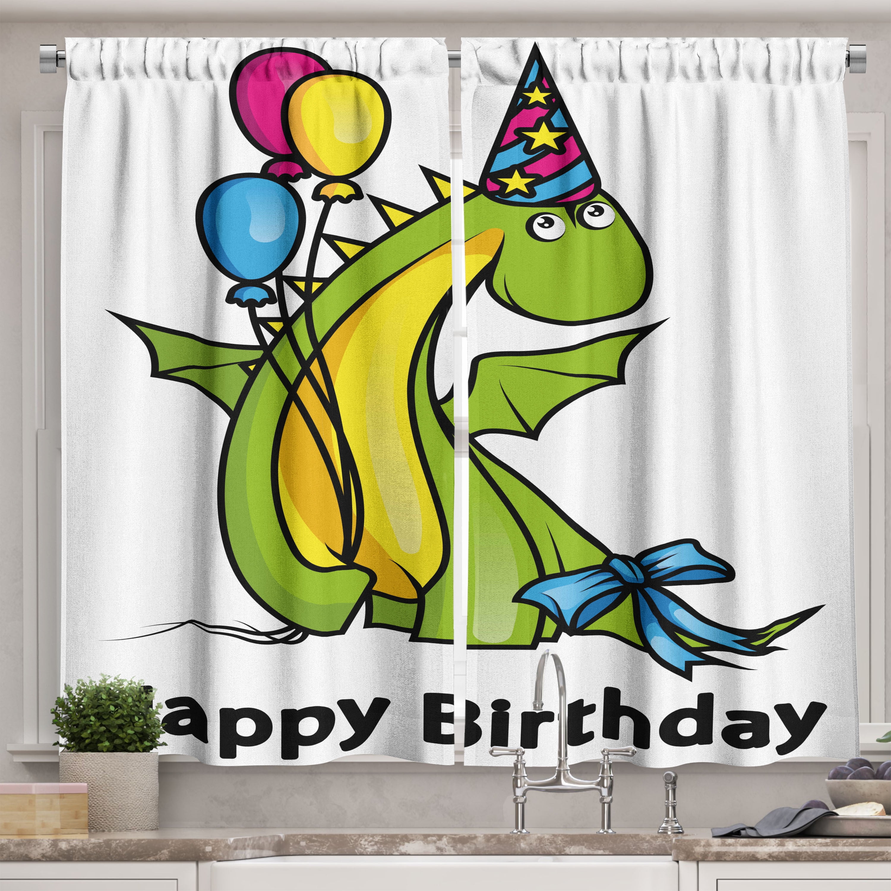 Ambesonne Birthday Kitchen Curtains, Birthday Dinosaur, 55"x39", Fern ...