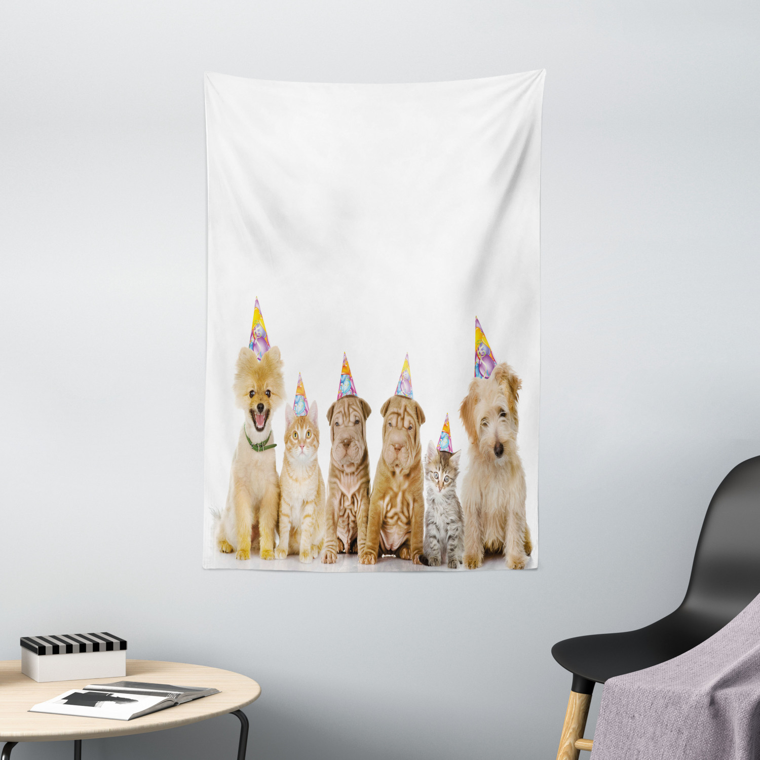 Kids Birthday Tapestry, Shelter Dogs Terrier Cats with Cone Hats Party ...