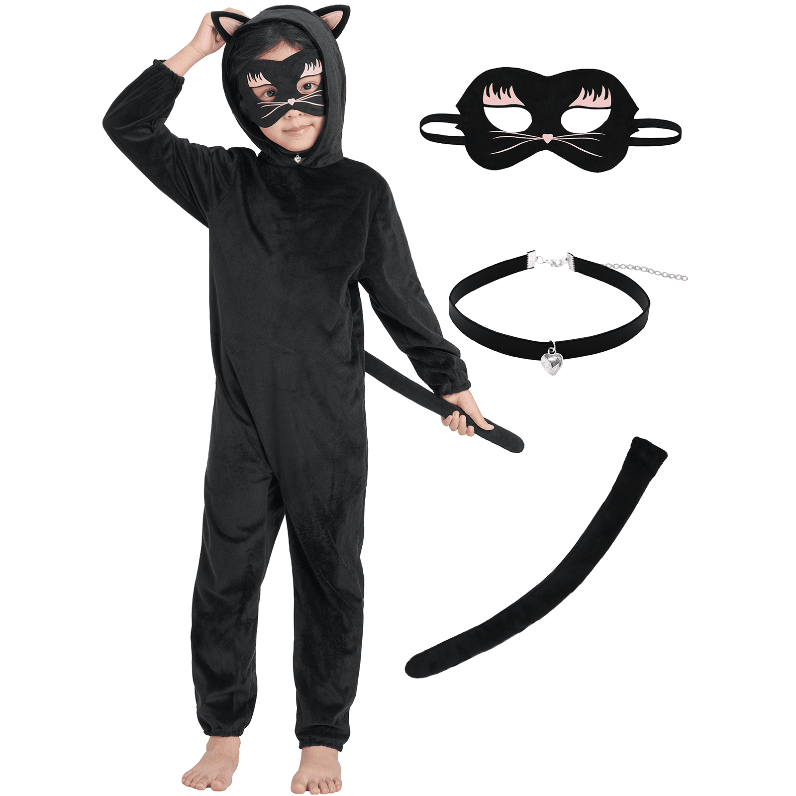 Kids Black Cat Costume, 3 Pcs Jumpsuit Fancy Dress Outfit Boys Girls ...