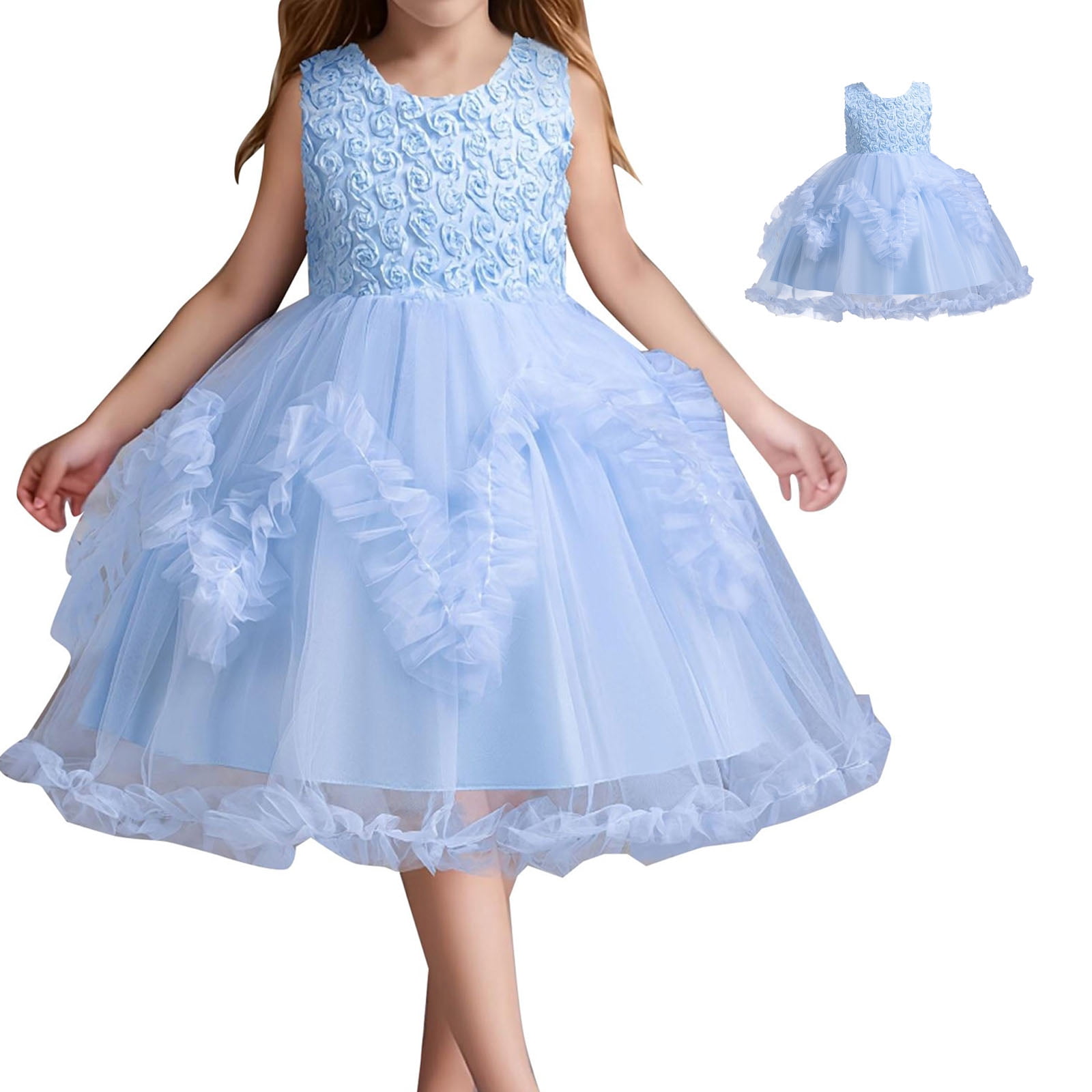 Kids Blue Dress for Girls Ruffle Sleeveless Tulle Dress Girls Birthday ...