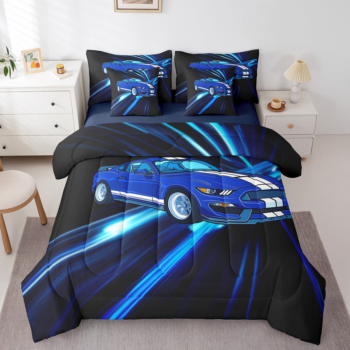 Blue Race Car Twin Comforter Set With Sheets,Racing Car Bed In A Bag 7 ...