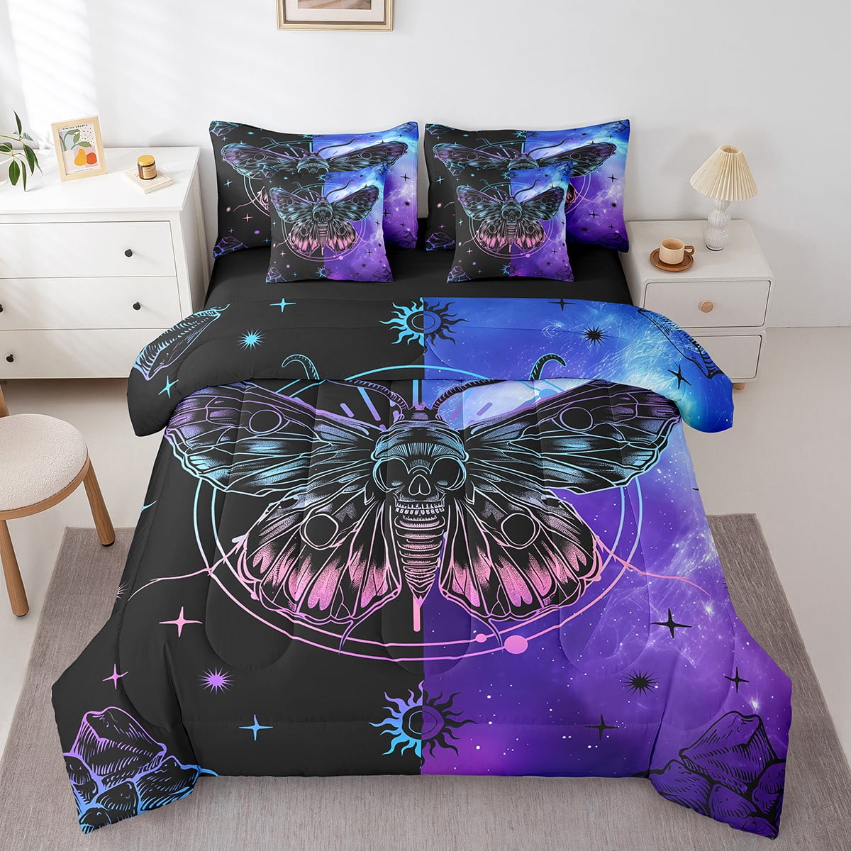 Boho Moth Comforter Set Queen Size, 7Pcs Gothic Skull Bedding Set ...